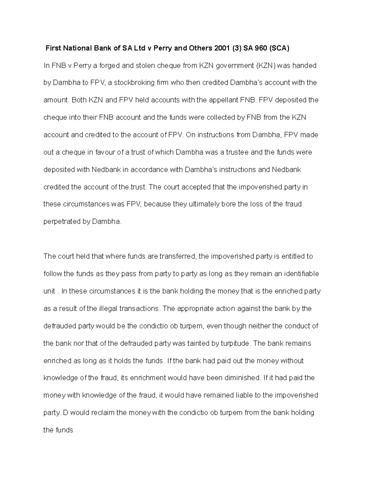 instruments of payment - First National Bank of SA Ltd v Perry and ...