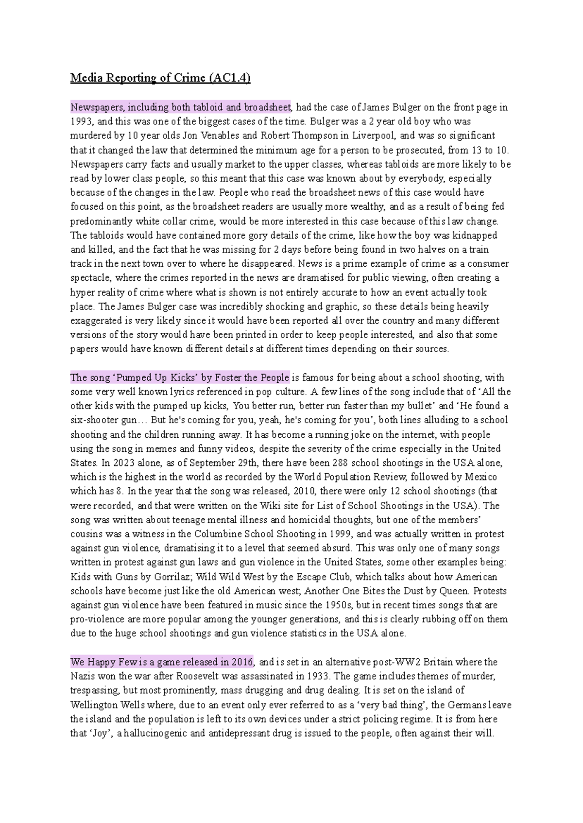 WJEC Criminology Unit 1 AC1.4 (IN FULL) - Media Reporting of Crime (AC1) Newspapers, including ...