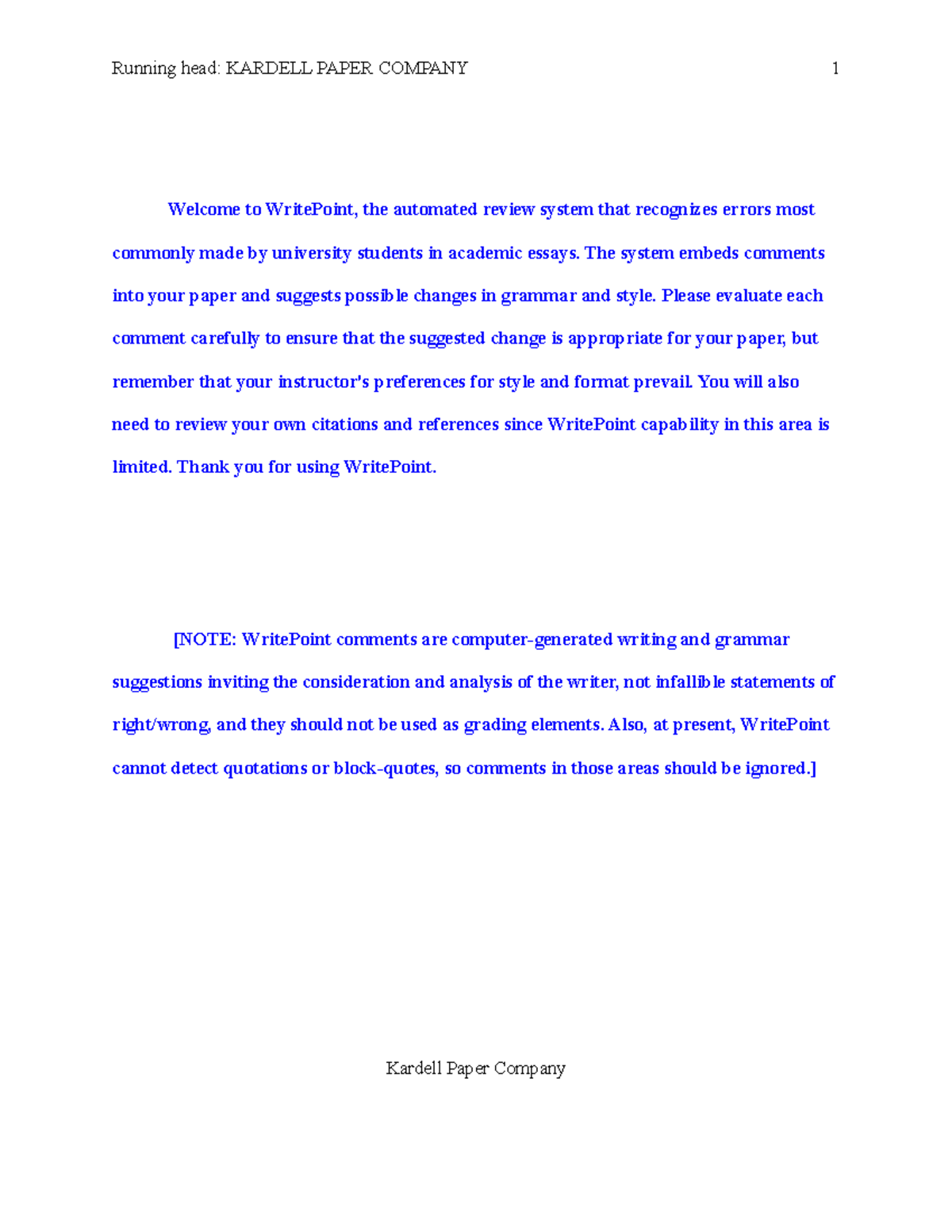 Kardell Paper Co wp ckd - Running head: KARDELL PAPER COMPANY 1 Welcome ...