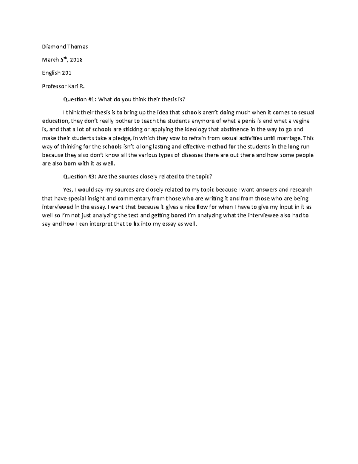 Peer Review Example Activity - Diamond Thomas March 5th, 2018 English ...