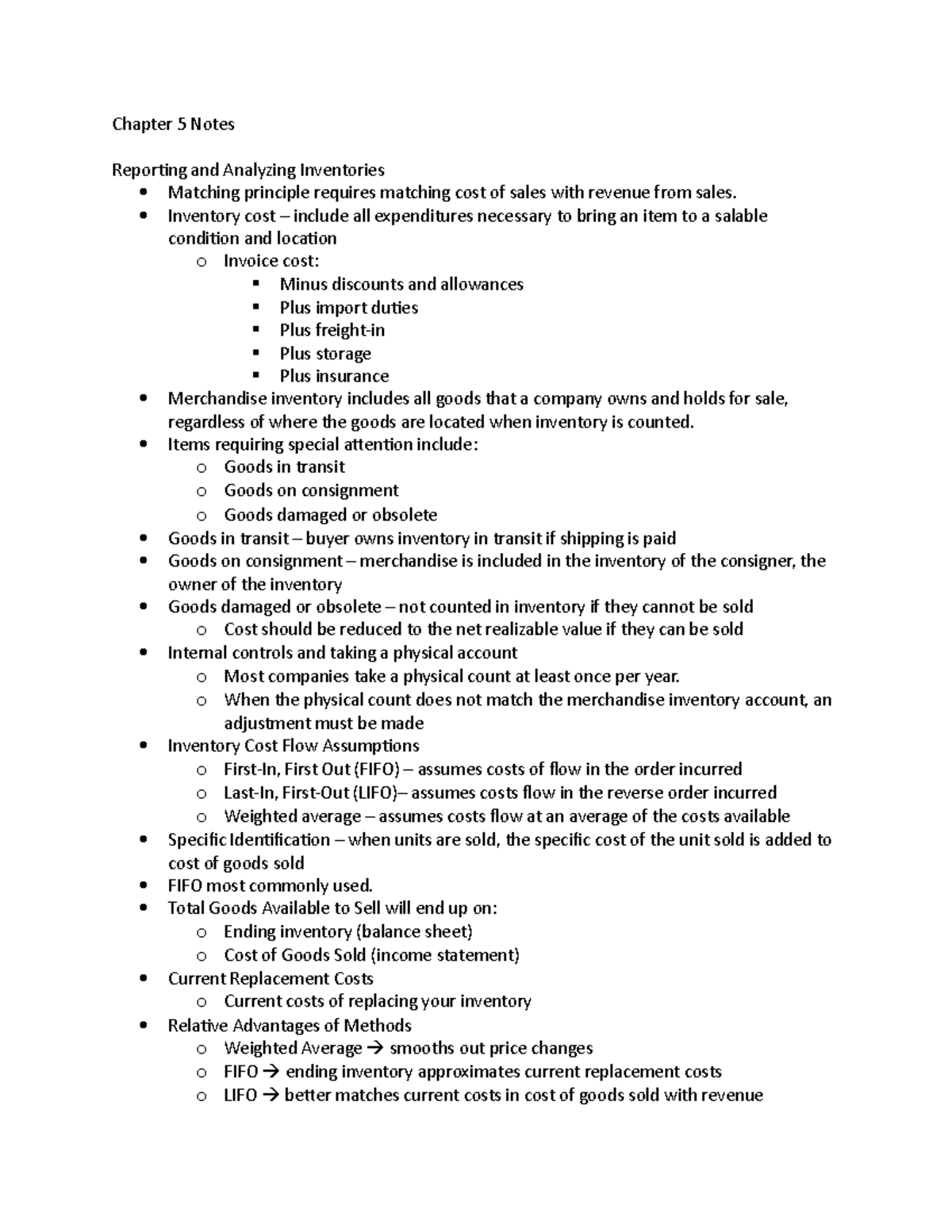 Chapter 5 Notes Chapter 5 Notes Reporting And Analyzing Inventories