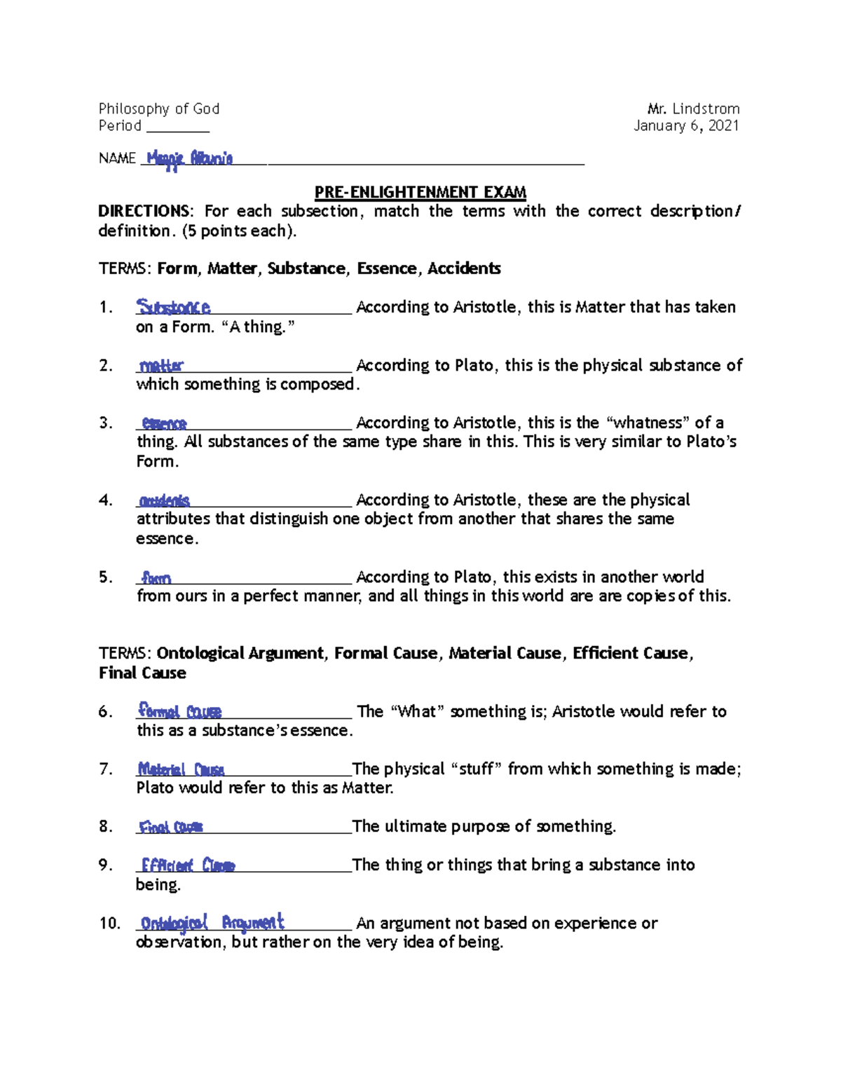 Pre Enlightenment Exam 20-21 - Philosophy of God Mr. Lindstrom Period ...