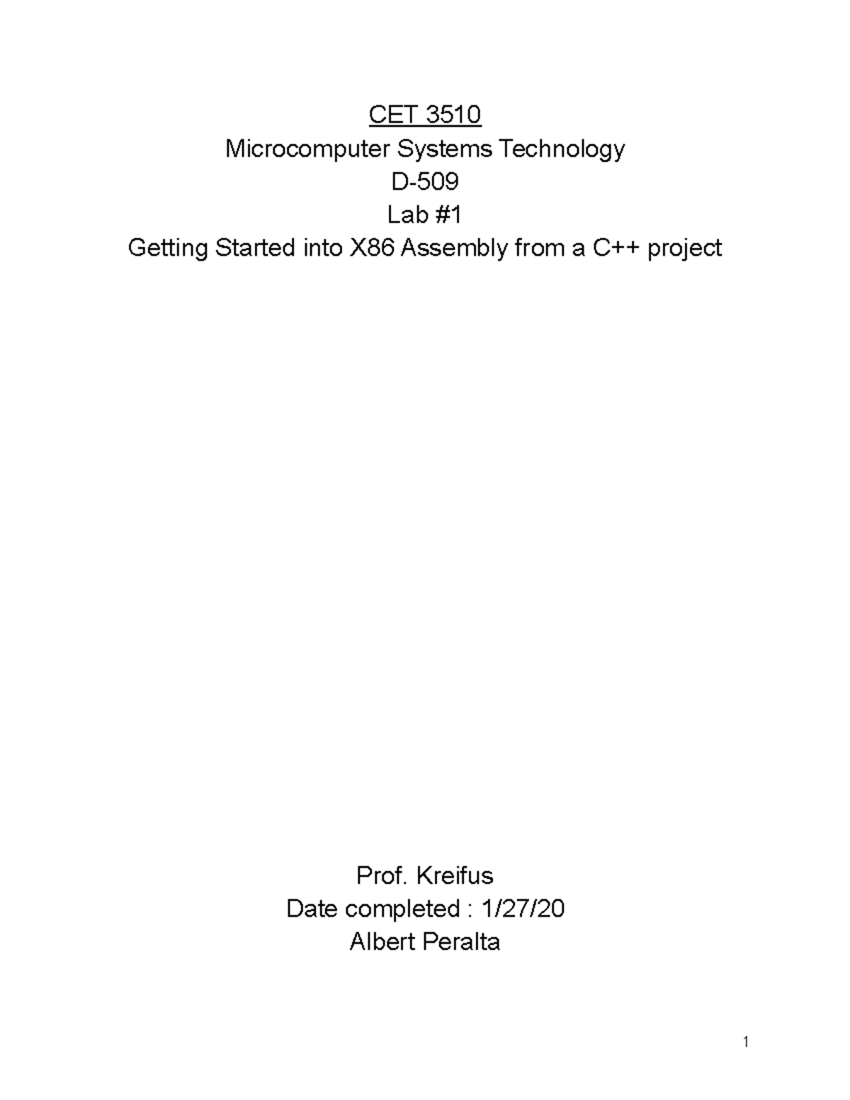 Lab 1 - CET 3510 Microcomputer Systems Technology D- Lab Getting Started into X86 Assembly from ...