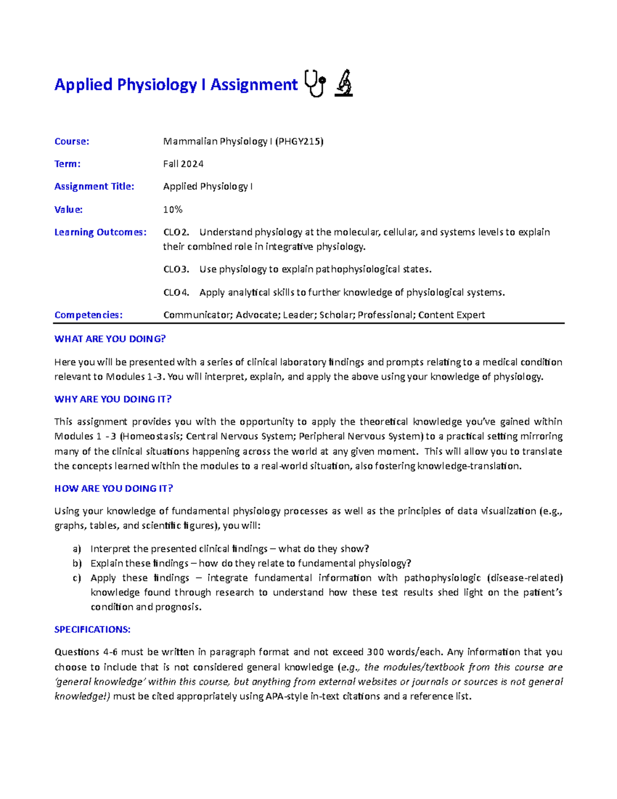 PHGY215 Applied Physiology I 14-Sept-2024 - Applied Physiology I ...