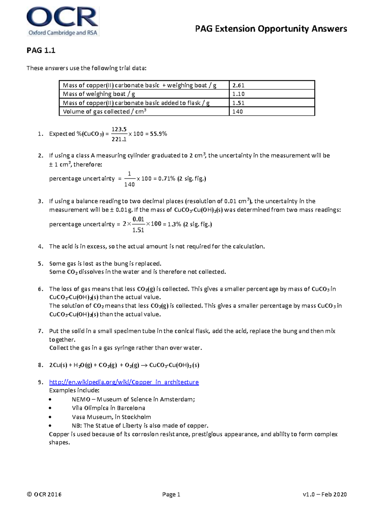 A Level Chemistry PAGs Extension opportunity answers - OCR A - PAG 1 ...