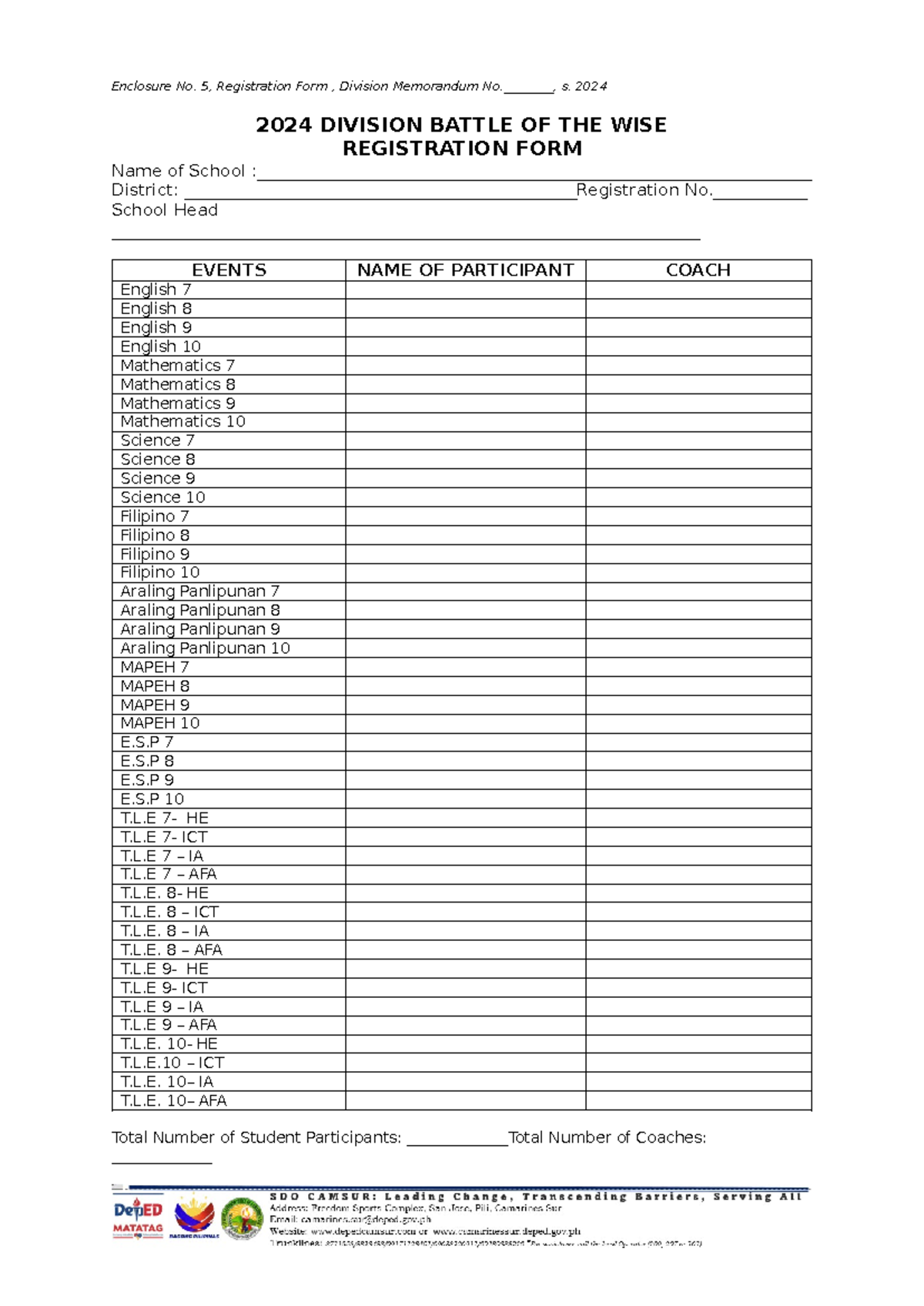 BOW Memo Registration form - Enclosure No. 5, Registration Form ...