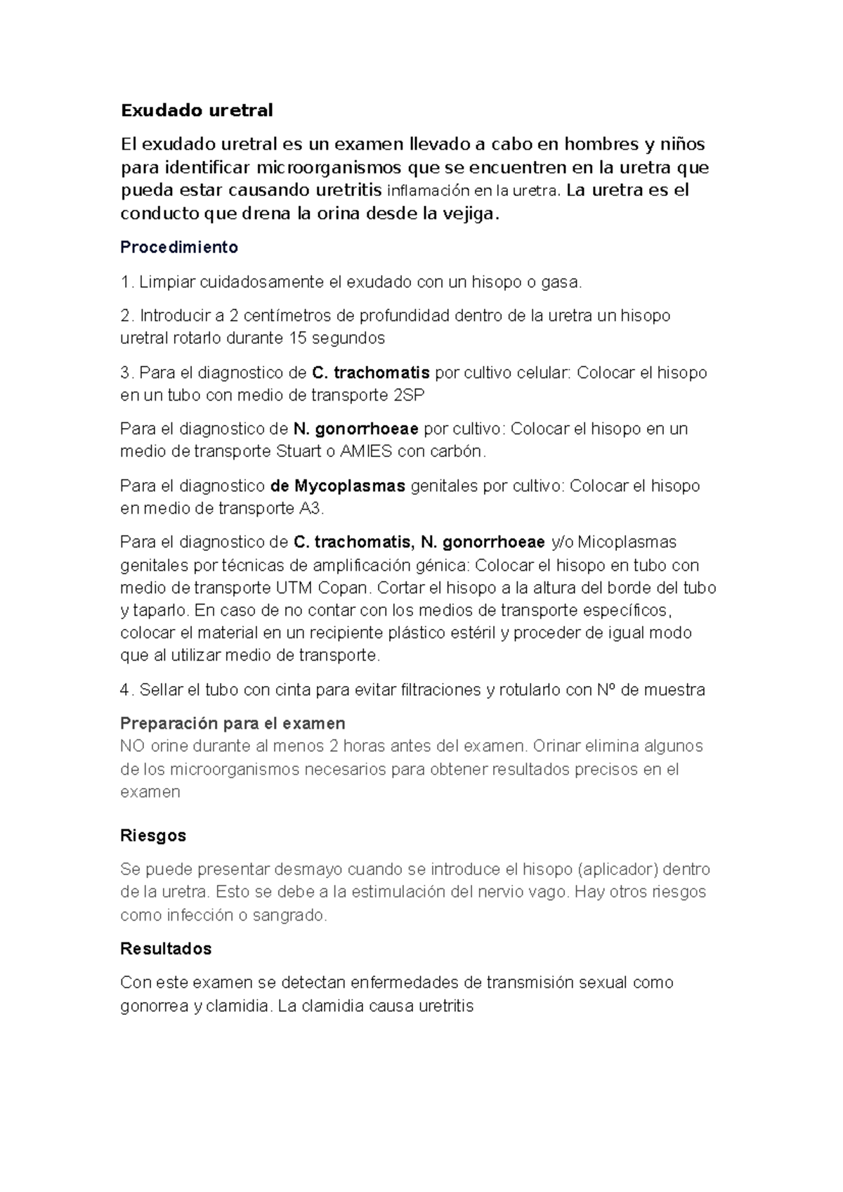 Exudado uretral - .... - Exudado uretral El exudado uretral es un ...