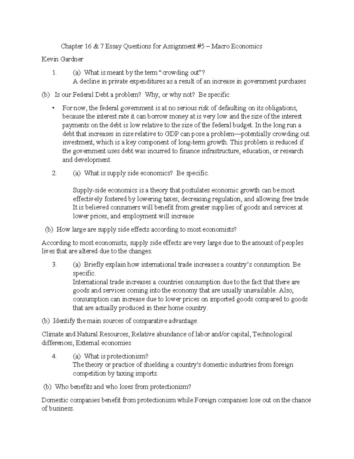 Assignment 5 Homework Chapter 16 And 7 Essay Questions For Assignment 5 Macro Economics