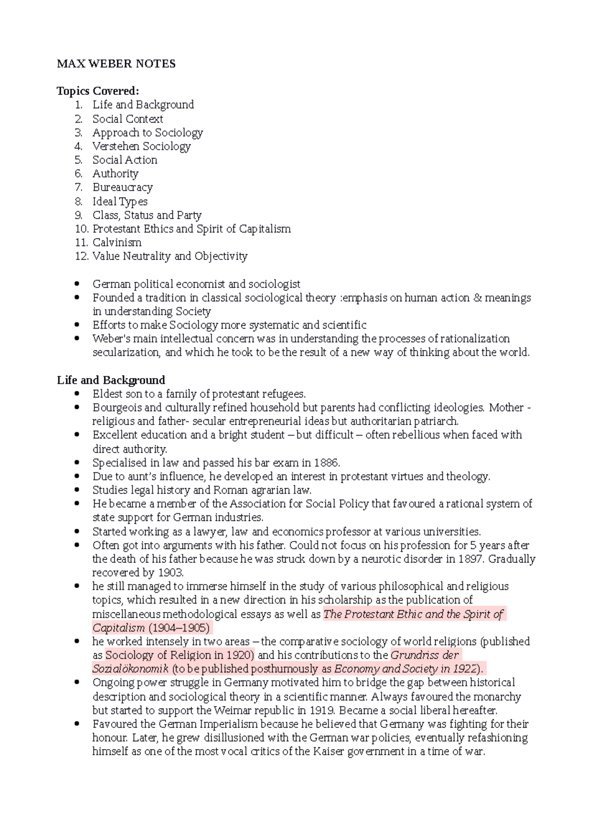 Max Weber Notes - MAX WEBER NOTES Topics Covered: 1. Life and ...