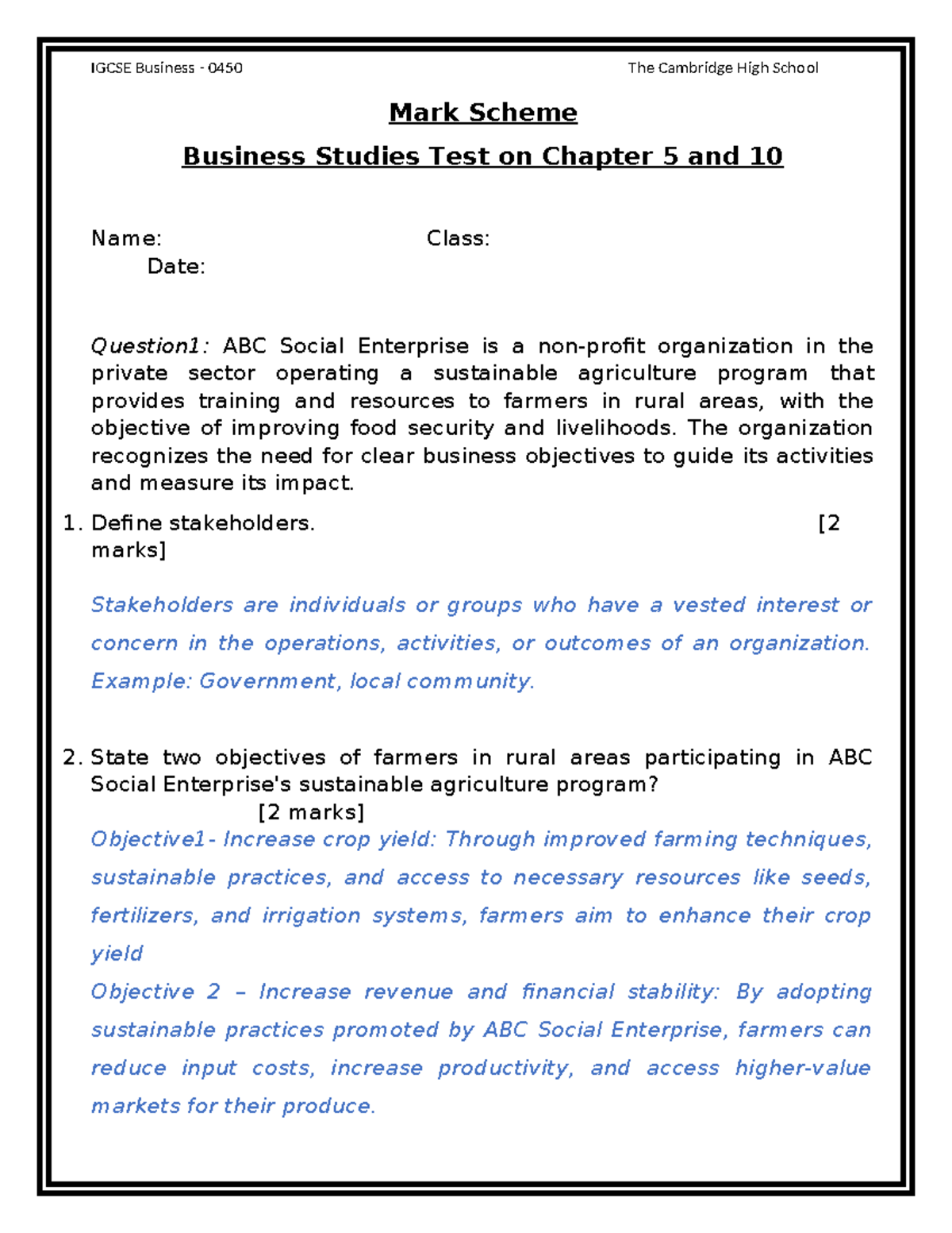 BS Test on Chapter 5 and 10 MS - Mark Scheme Business Studies Test on ...