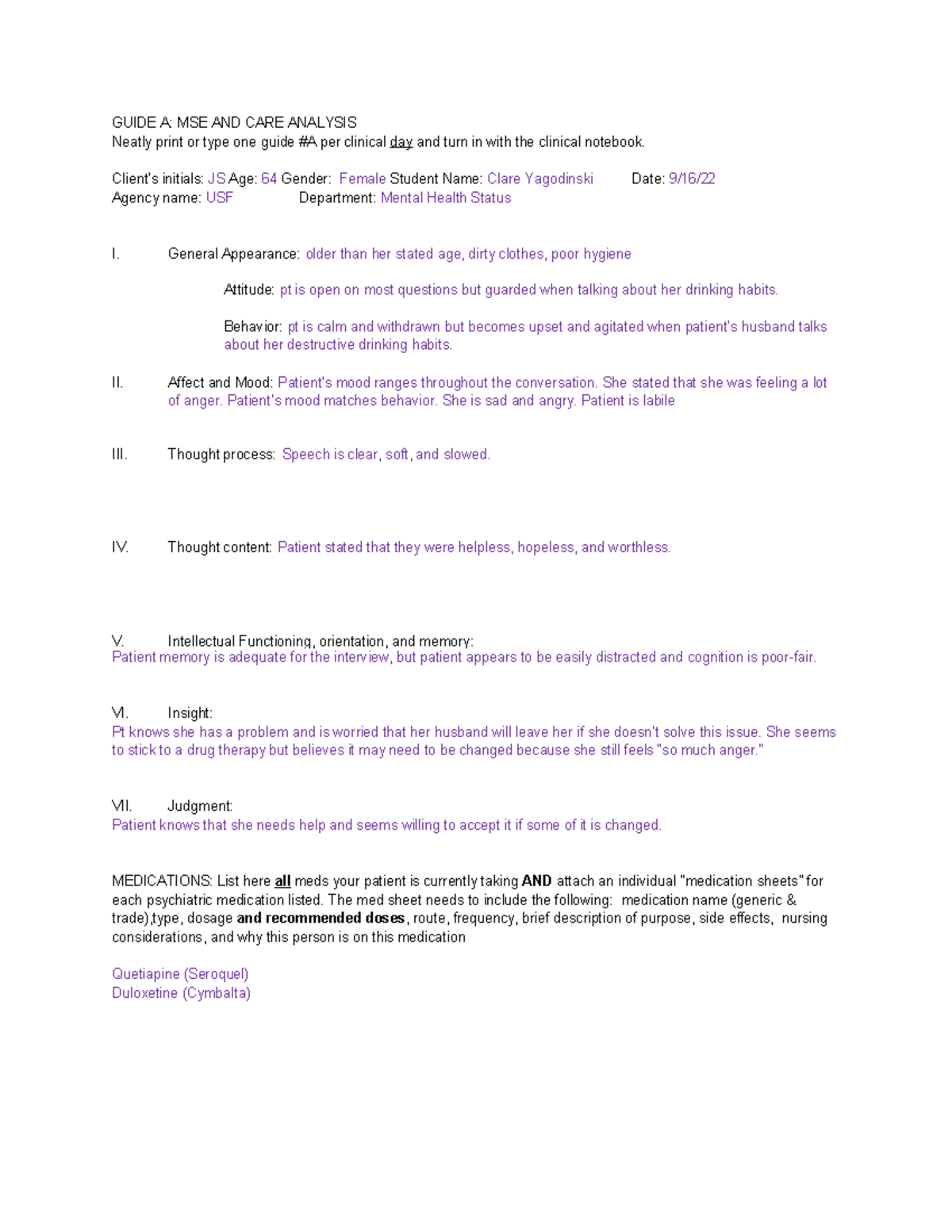 Week 3 MH Care Plan - care plan - GUIDE A: MSE AND CARE ANALYSIS Neatly ...
