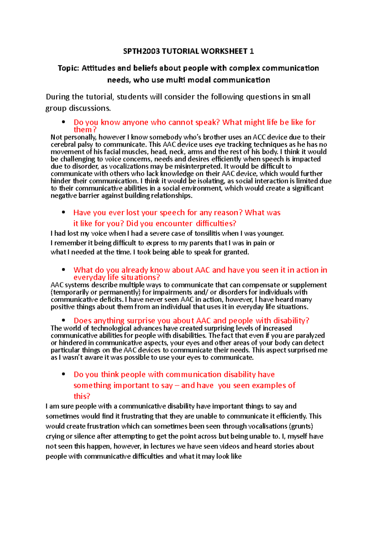 Tutorial 1 worksheet - SPTH2003 TUTORIAL WORKSHEET 1 Topic: Attitudes ...