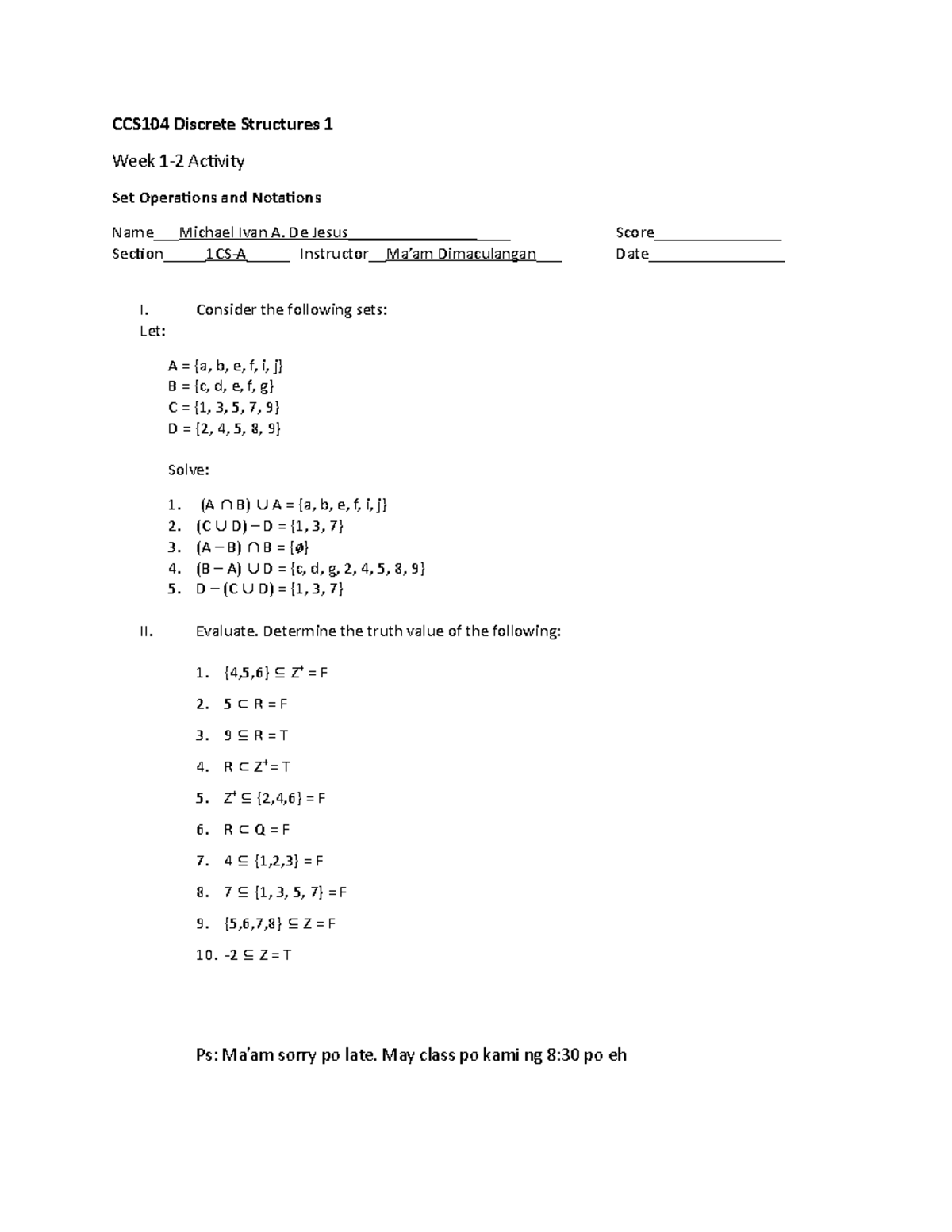 CCS104 Discrete Structures 1 week1-2.1 activity - DE Jesus - CCS104 ...