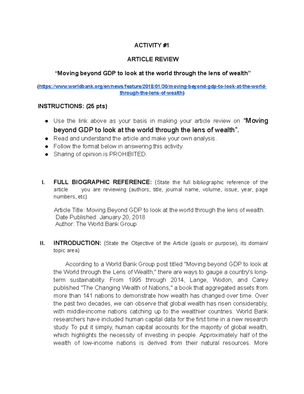 Article Review - ACTIVITY ARTICLE REVIEW “Moving beyond GDP to look at ...
