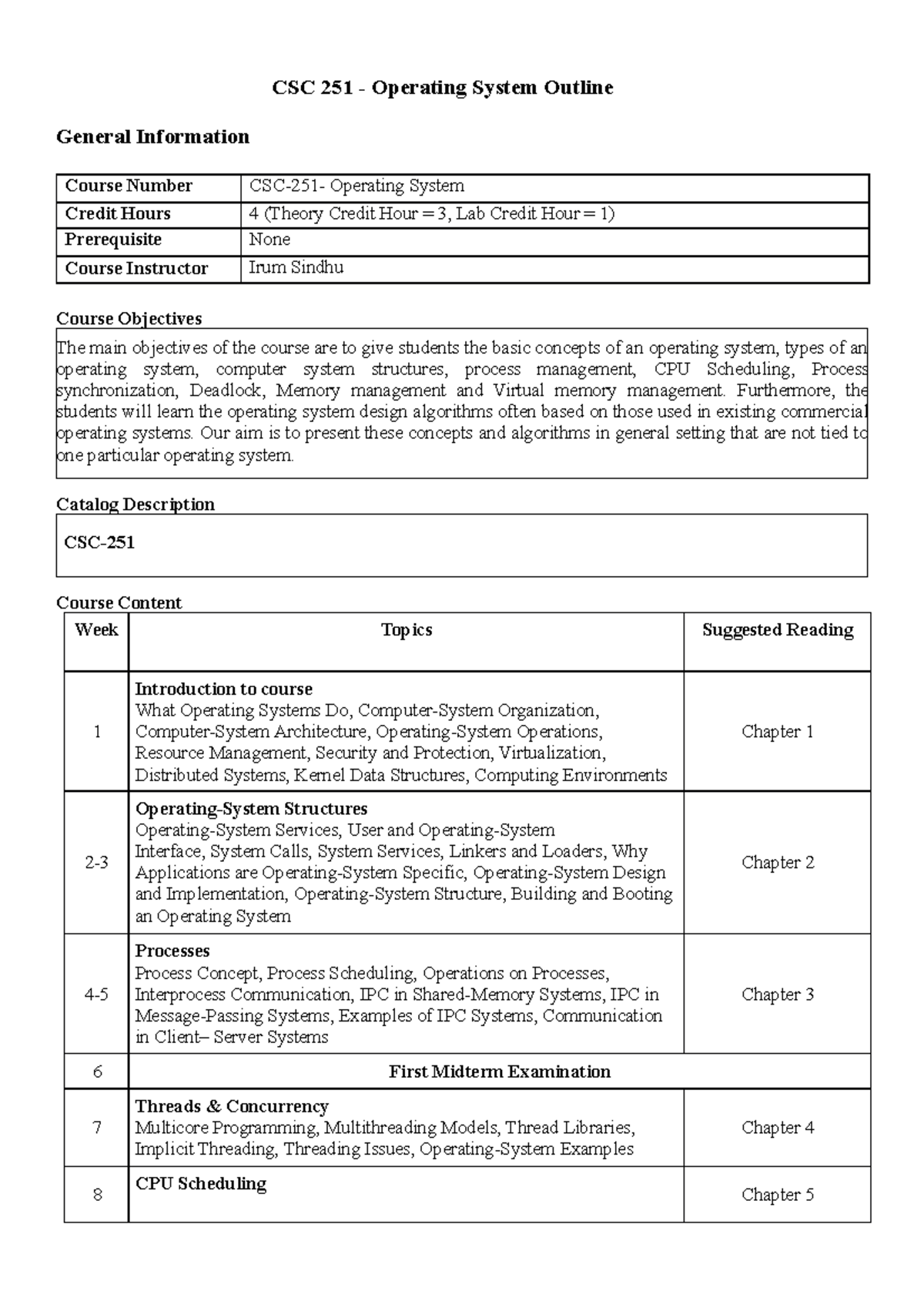 Spring 2022 Operating Systems Bscs Se Iv Csc 251 Operating System Outline General 