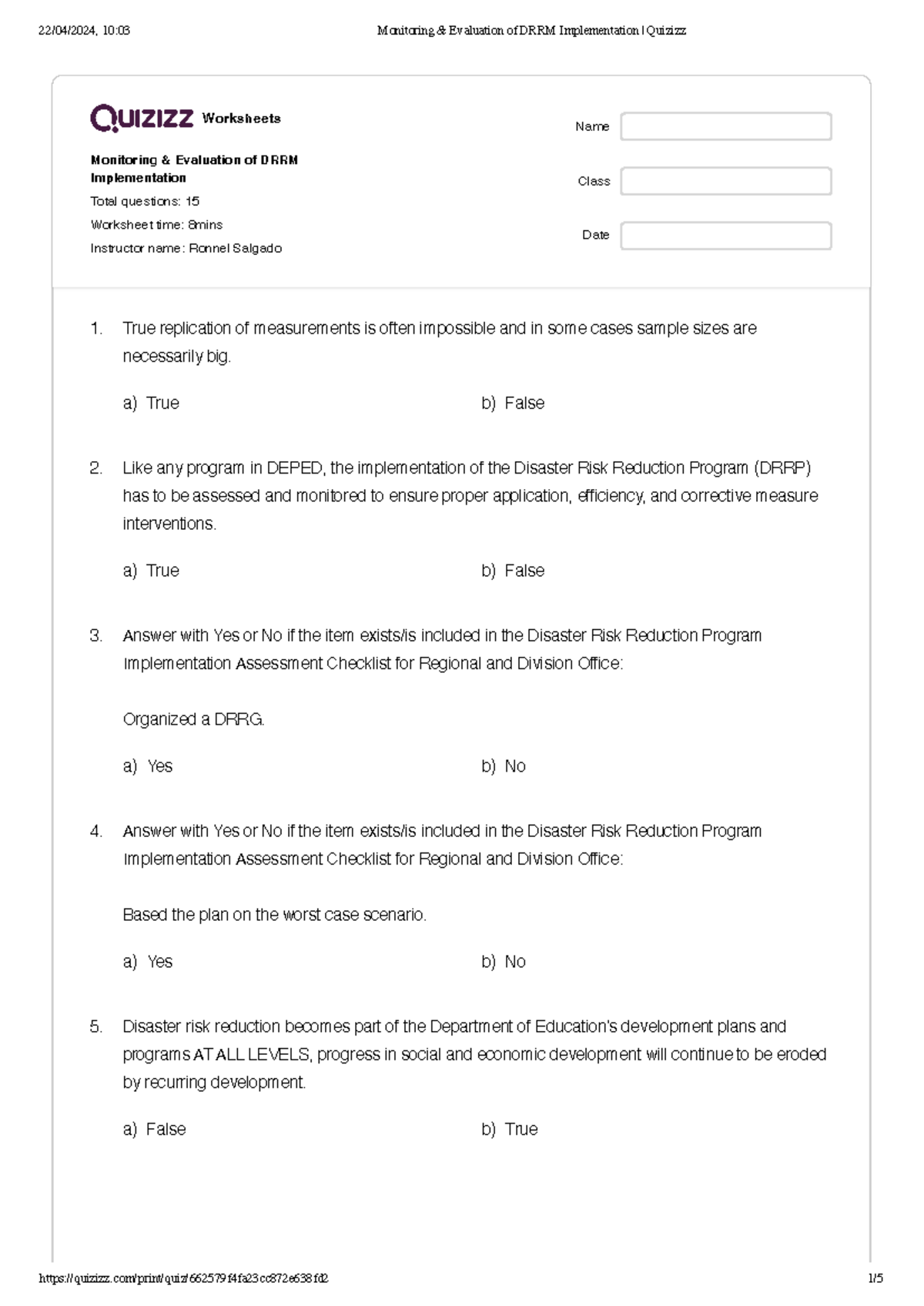 Monitoring Evaluation of DRRM Implementation Quizizz - Worksheets ...