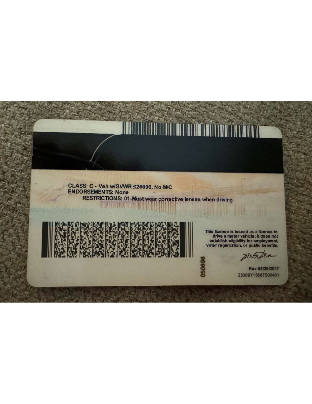 BACK OF ID - NLJLKJL - KREN 152 - CLASS: C Veh No ENDORSEMENTS: None ...