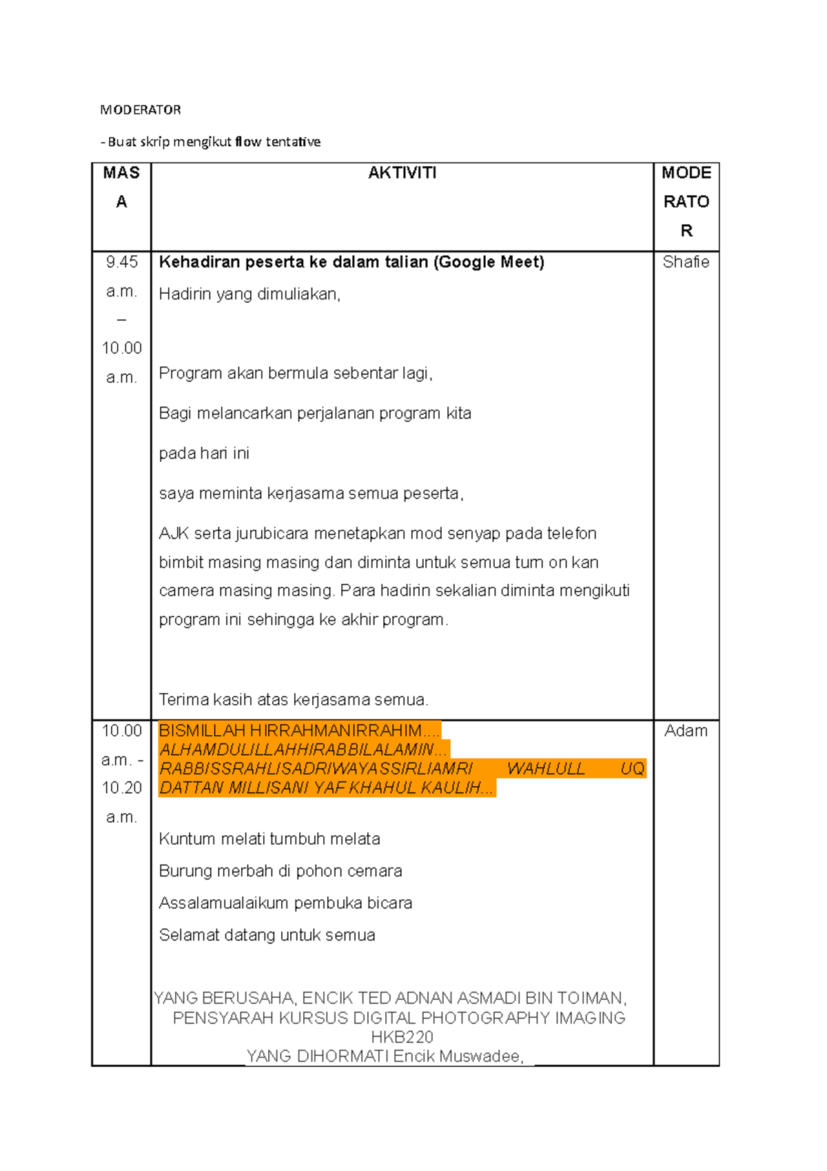 HKB220 - Sulam Script moderator - MODERATOR Buat skrip mengikut flow ...