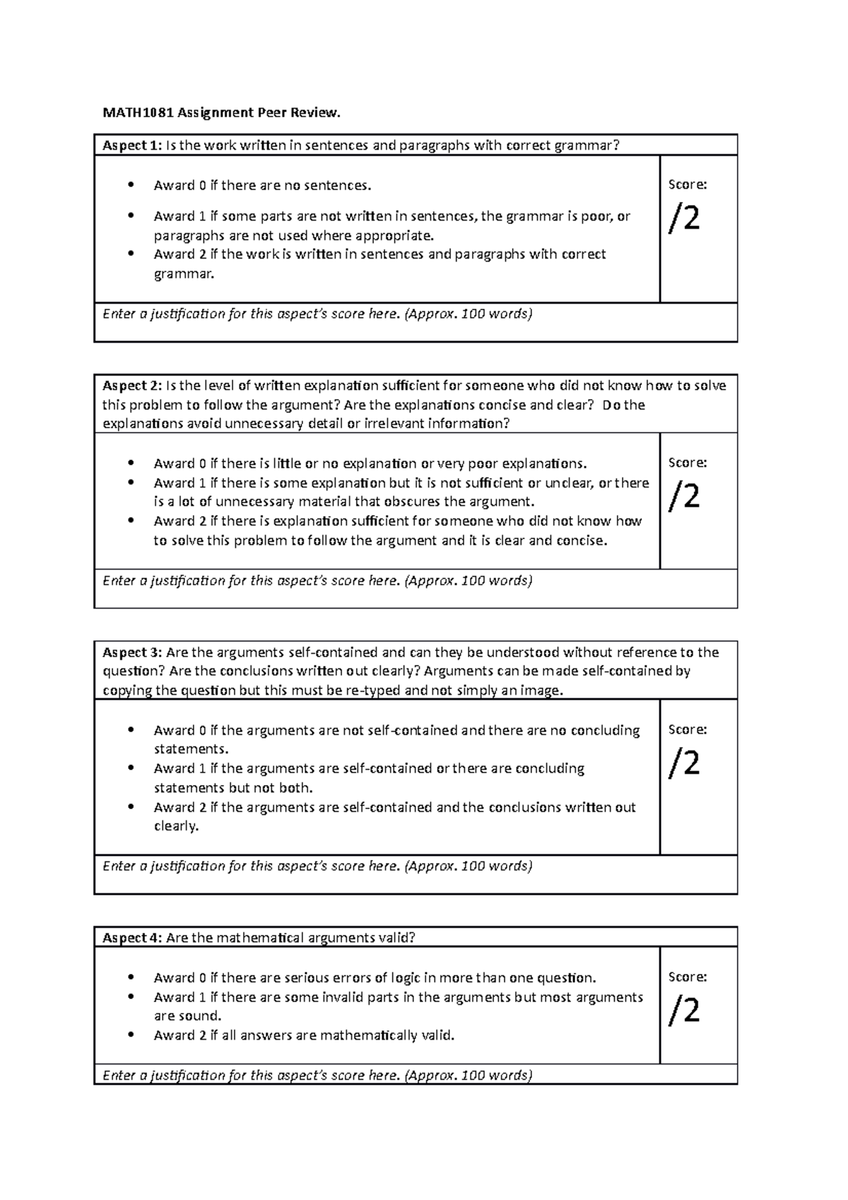 MATH1081 Assignment Peer Review - Template - MATH1081 Assignment Peer ...