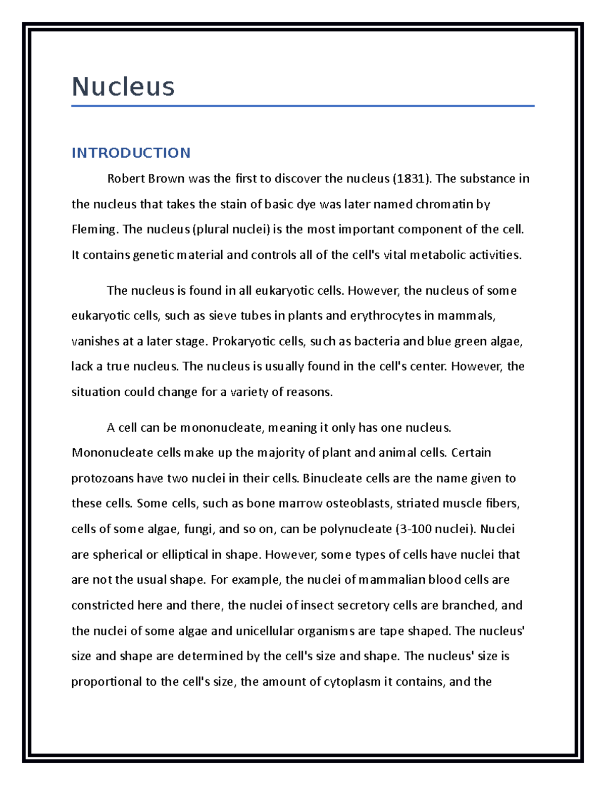 Overview OF THE Nucleus - Nucleus INTRODUCTION Robert Brown was the ...
