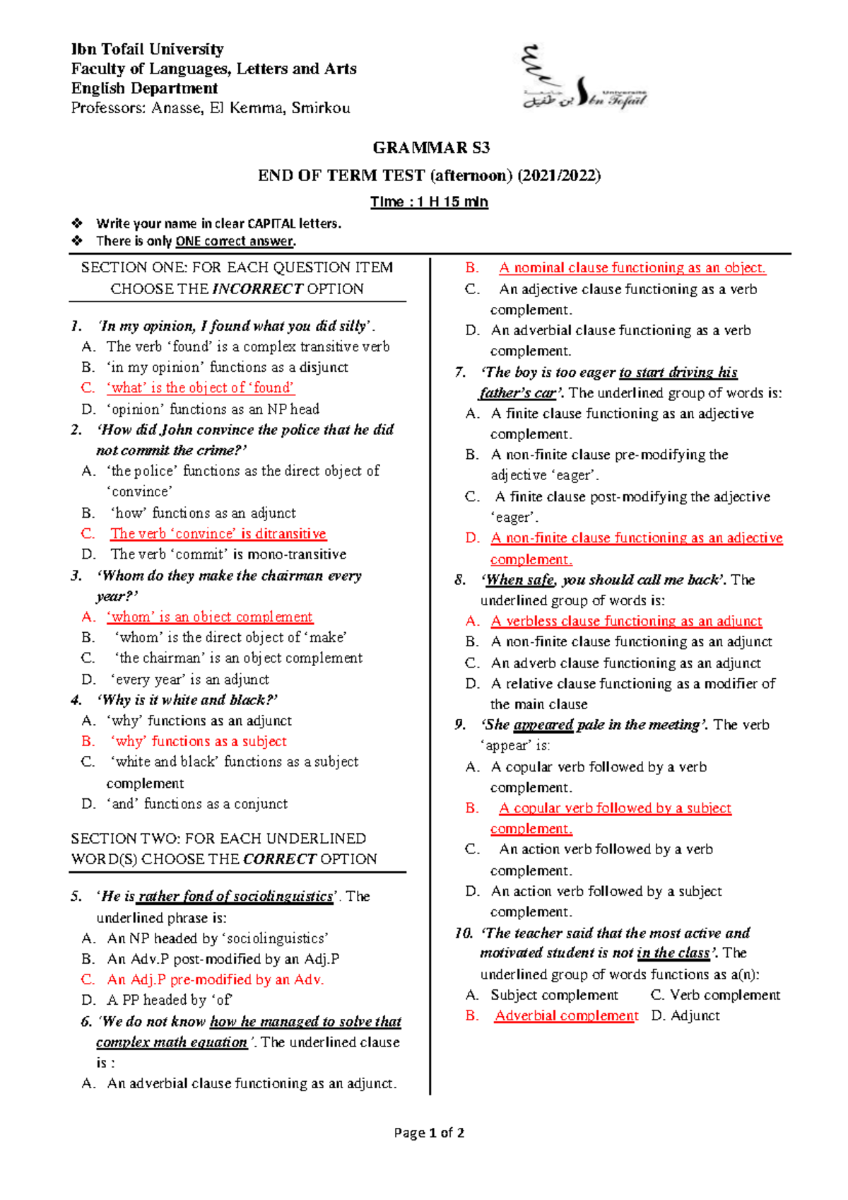 EXAM Grammar S3 Afternoon - Ibn Tofail University Faculty of Languages ...