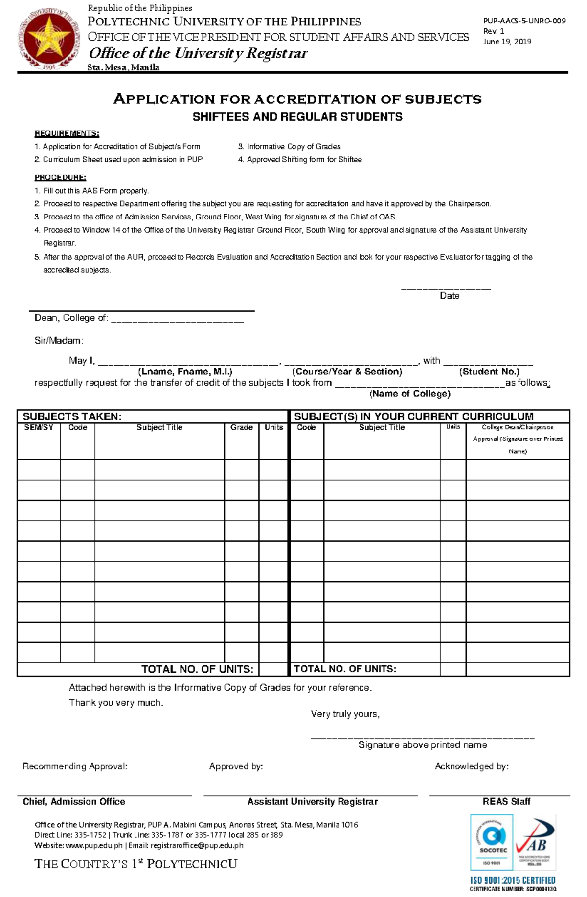 Accreditation FORM FOR Shiftee - Office of the University Registrar, PUP A. Mabini Campus ...