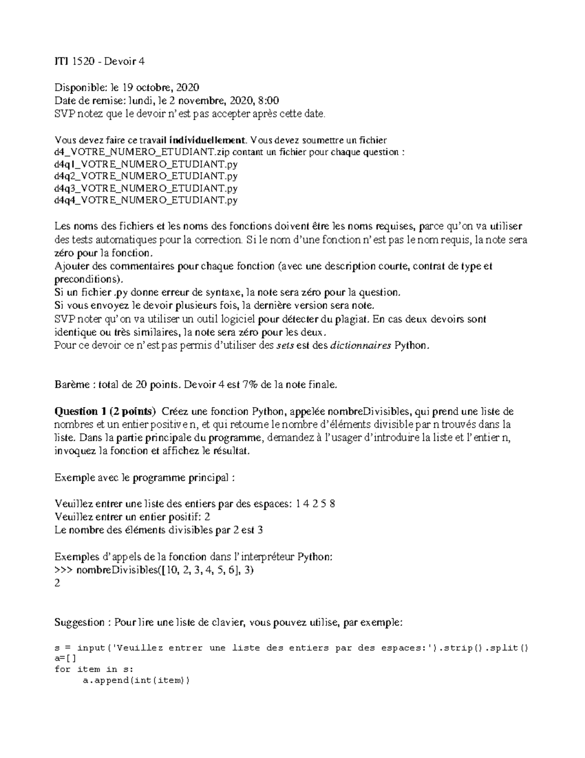 D4 2020 - Devoir 4 - ITI 1520 - Devoir 4 Disponible: le 19 octobre ...