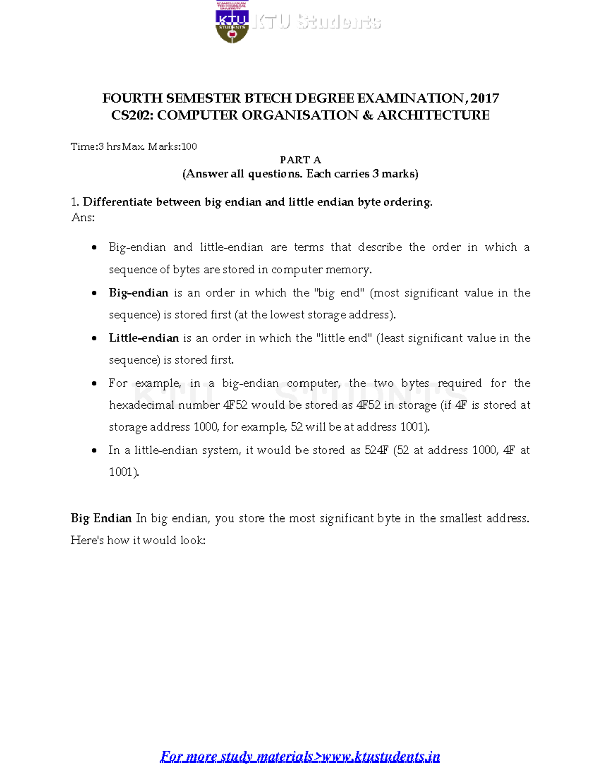 CS202 COA Model QP Solved - FOURTH SEMESTER BTECH DEGREE EXAMINATION, 2017 CS202: COMPUTER - Studocu