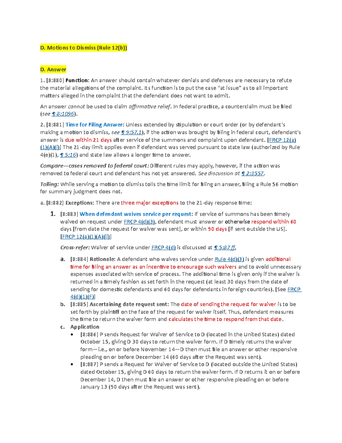 Rutter Guide Civil Procedure Before Trial Chapters - D. Moions to Dismiss (Rule 12(b)) D. Answer ...