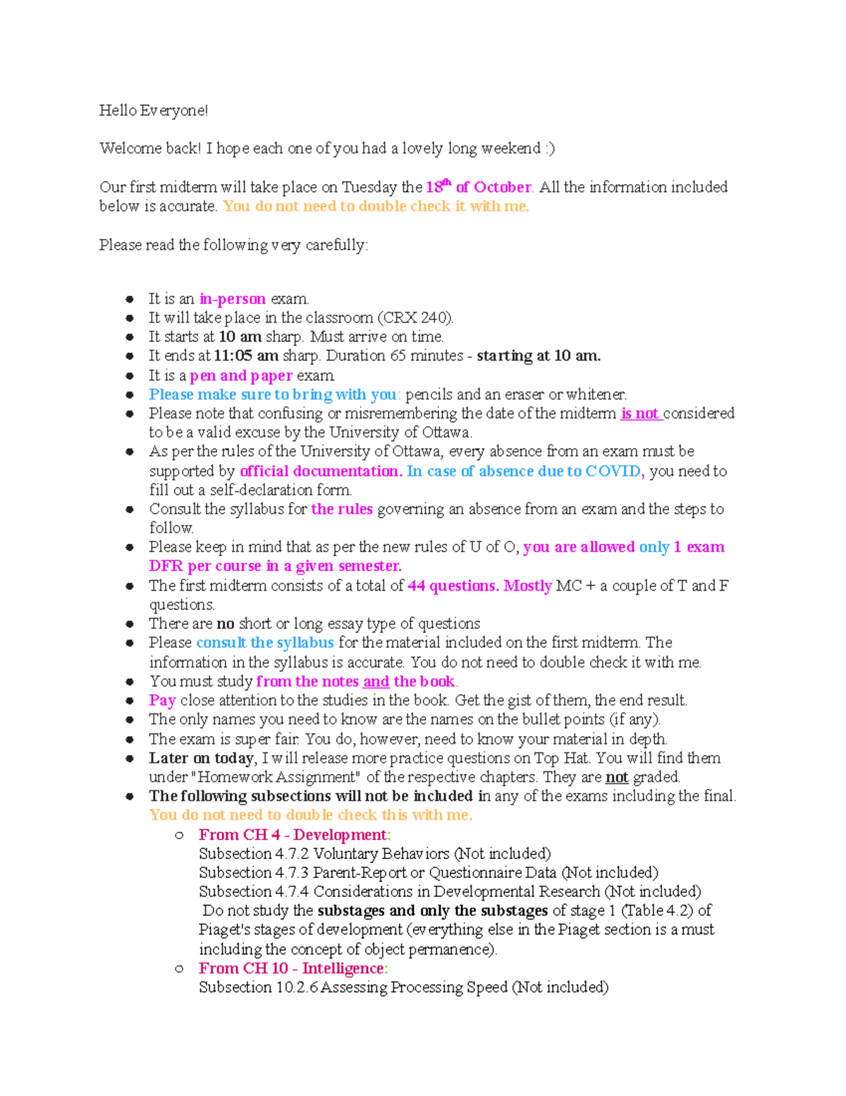 MID TERM Details #1 - Study Guide for Midterm #1 - Hello Everyone! Welcome back! I hope each one ...