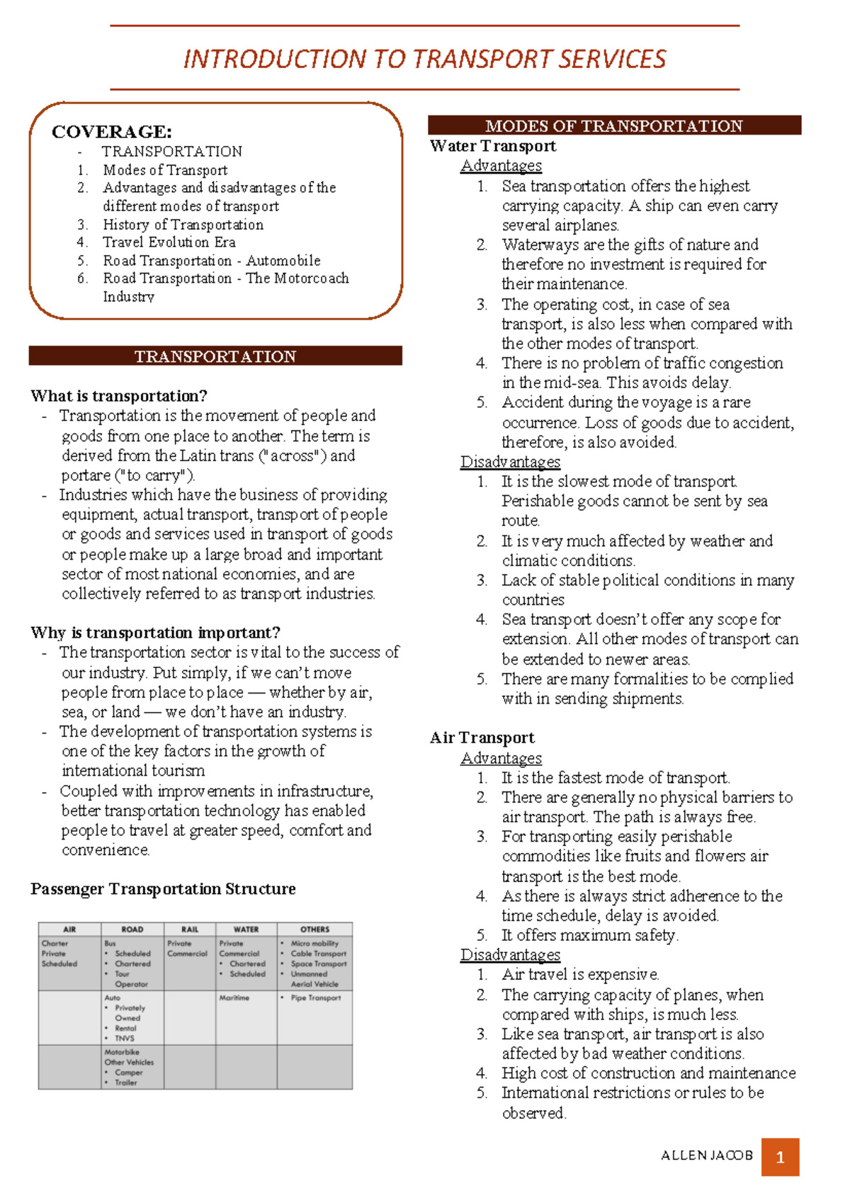 ITTS- Reviewer - TRANSPORTATION What is transportation ...