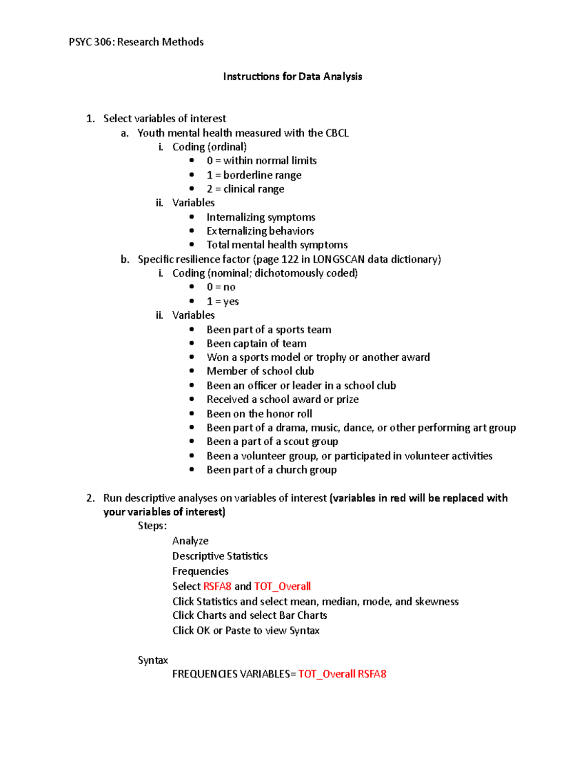 Paper Instructionsfor Data Analysis Psyc 306 Research Methods Instructions For Data Analysis