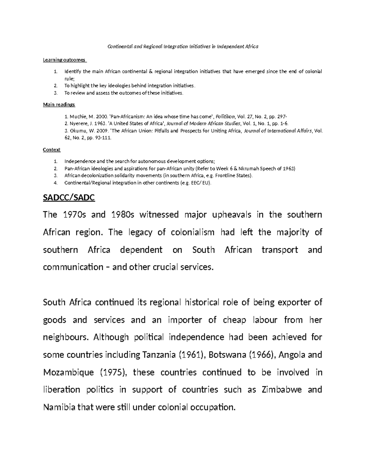Week 9, Lecture 2 Regional Integration in Africa - Continental and ...