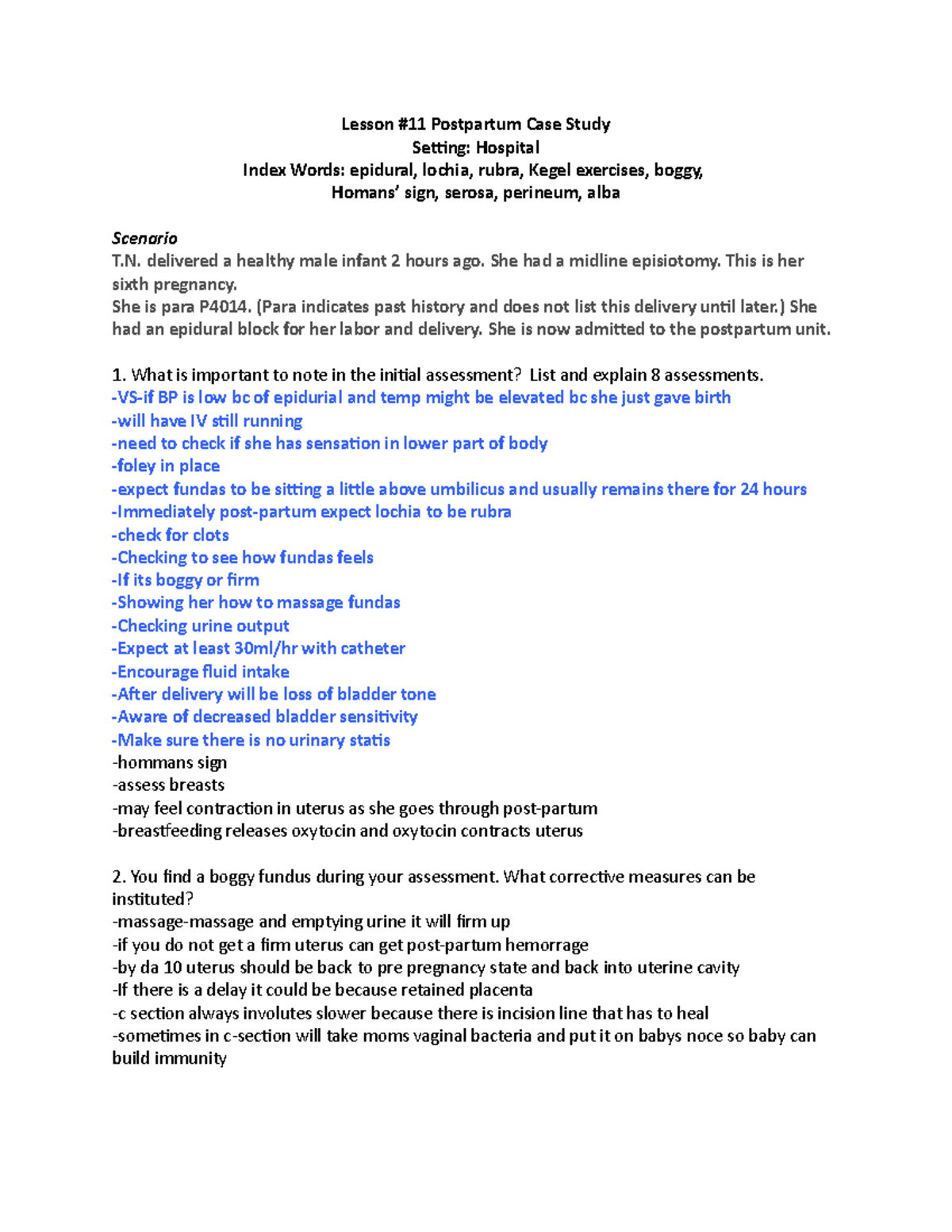 NURS 4700 Lesson #11 Post Partum Case Study - Lesson #11 Postpartum ...