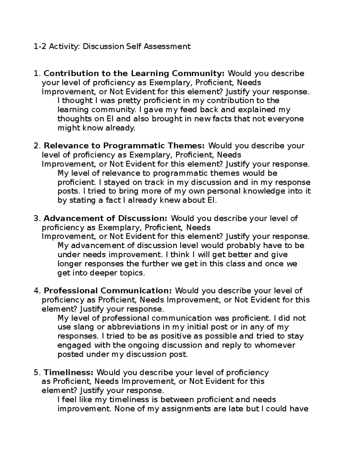 1-2 Activity- Self Assessment - 1-2 Activity: Discussion Self ...
