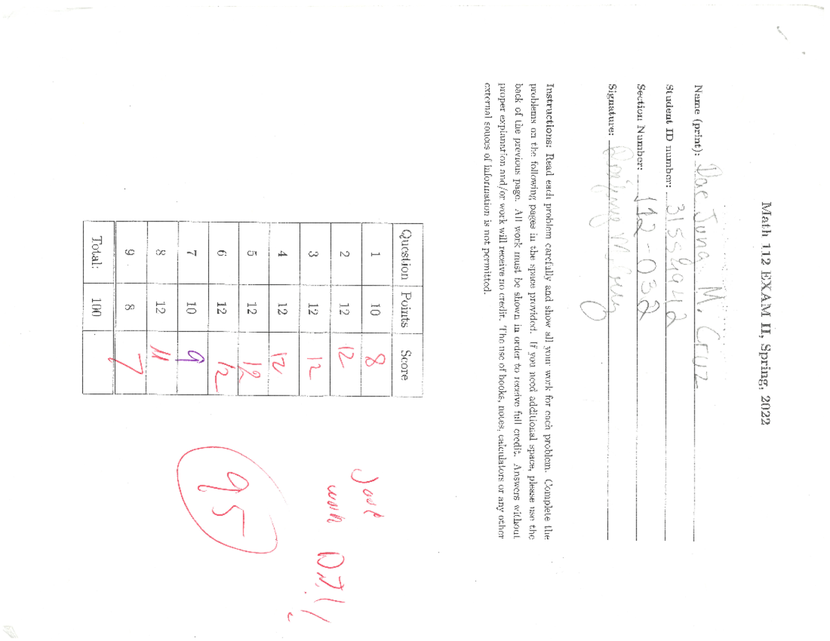 Calc II Exam 2 - exam practice - MATH 213 - Studocu