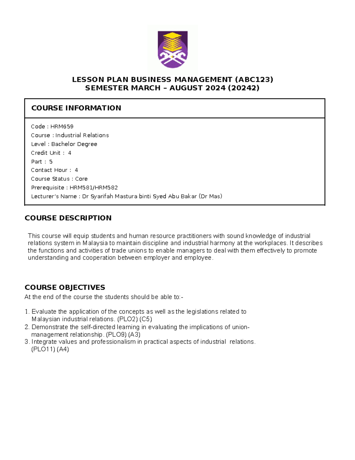 Lesson PLAN HRM659 SEM MAC AUG2024 - LESSON PLAN BUSINESS MANAGEMENT ...