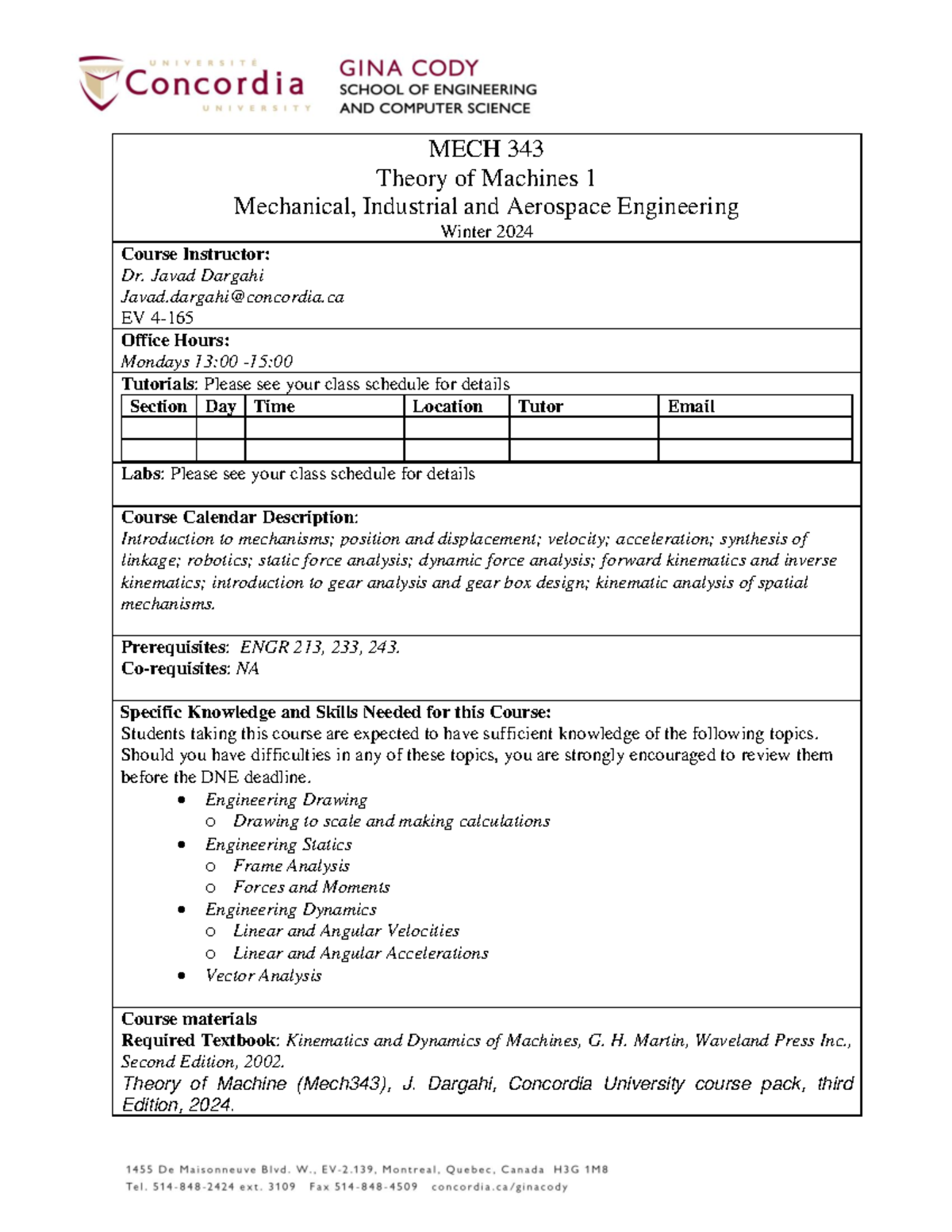 Course Outline 343 Winter 2024 - MECH 343 Theory of Machines 1 Mechanical, Industrial and ...