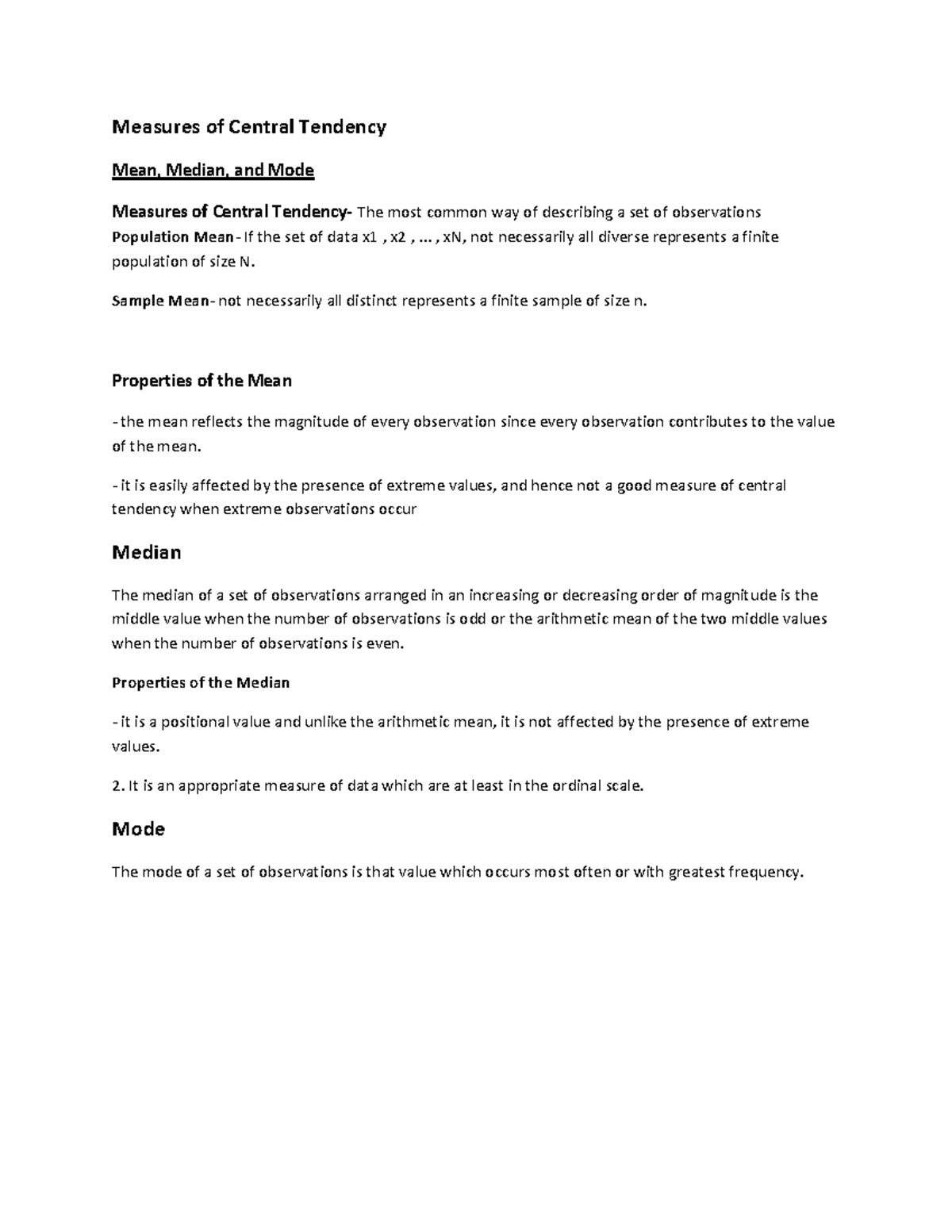 Data Management - Lecture notes 1-3 - Measures of Central Tendency Mean ...