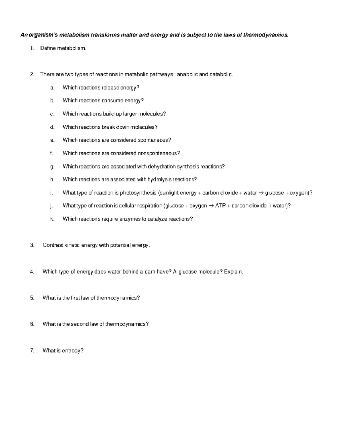 Energy and Enzyme Comprehension Homework - An organism’s metabolism ...