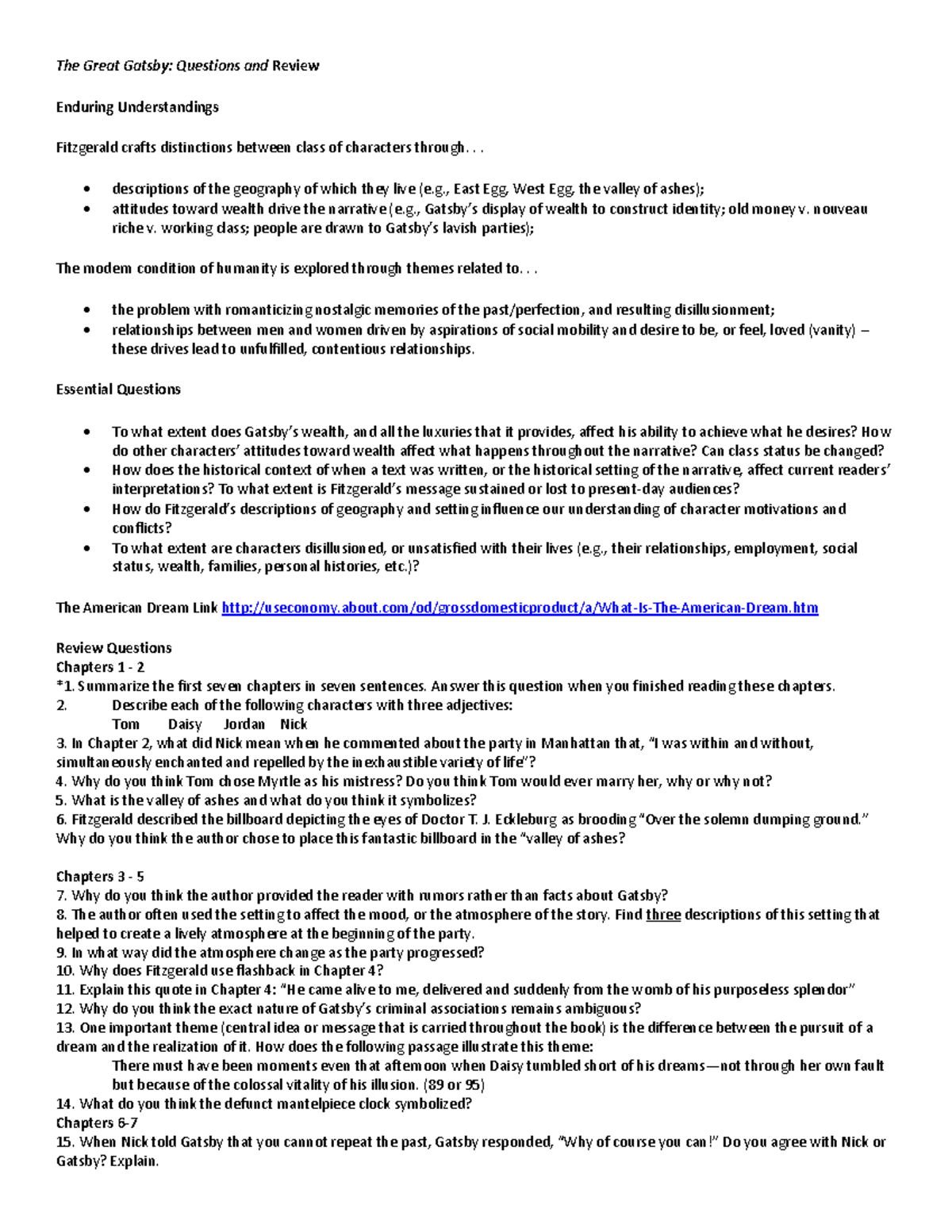 The Great Gatsby Chapters 1-9 General Thinking Questions - The Great ...