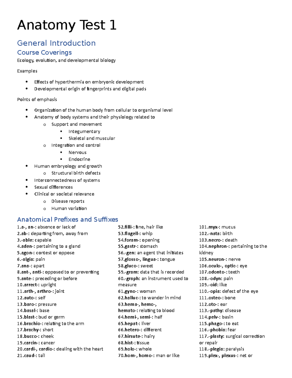 Anatomy Test 1 Study Guide - Anatomy Test 1 General Introduction Course ...