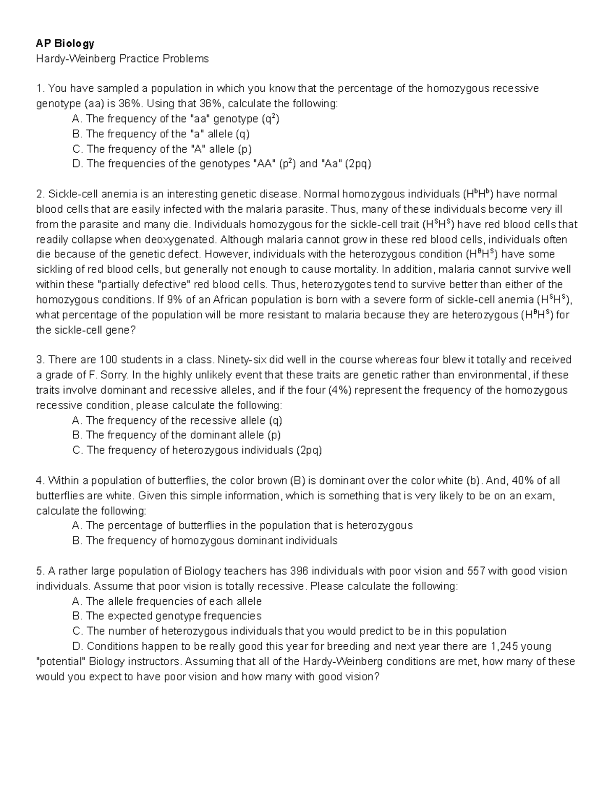 Hardy Weinberg Practice - AP Biology Hardy-Weinberg Practice Problems ...