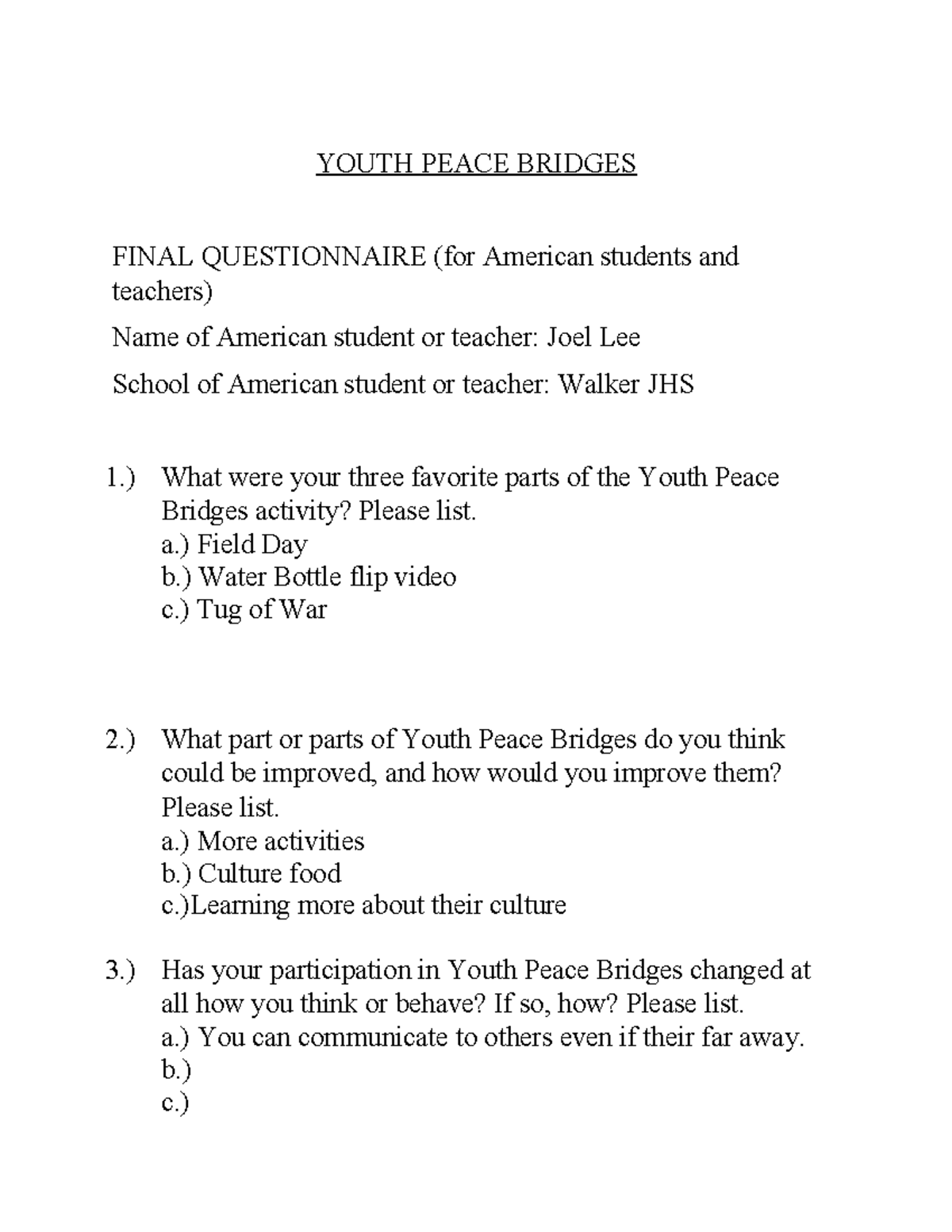Joel's ypb2 questionnaire - YOUTH PEACE BRIDGES FINAL QUESTIONNAIRE ...