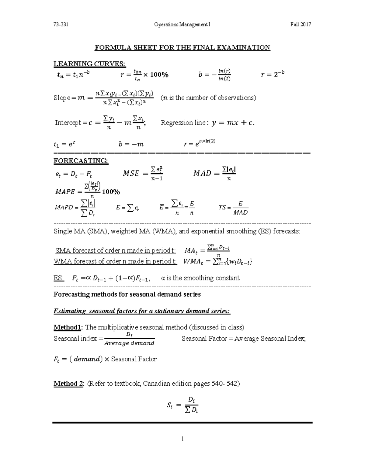 Formula Sheet FOR THE Final Examination - 73-331 Operations Management ...