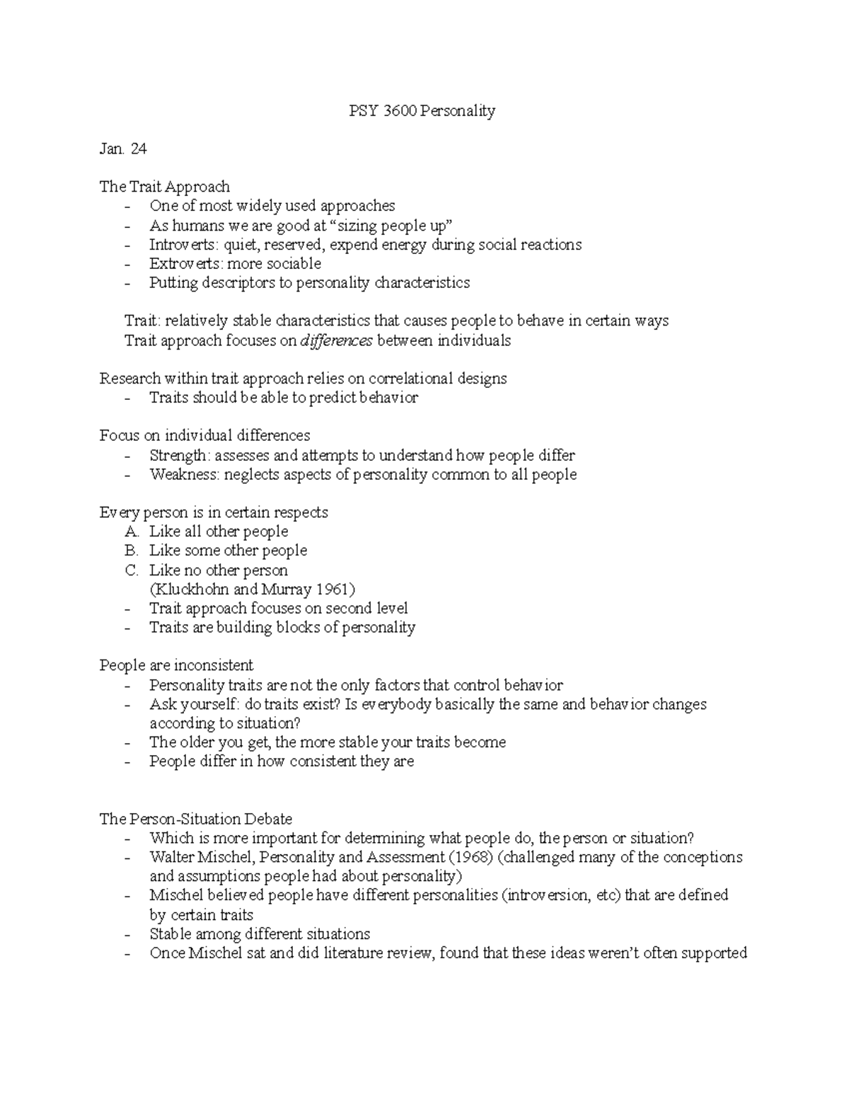 Personality Notes - PSY 3600 Personality Jan. 24 The Trait Approach ...