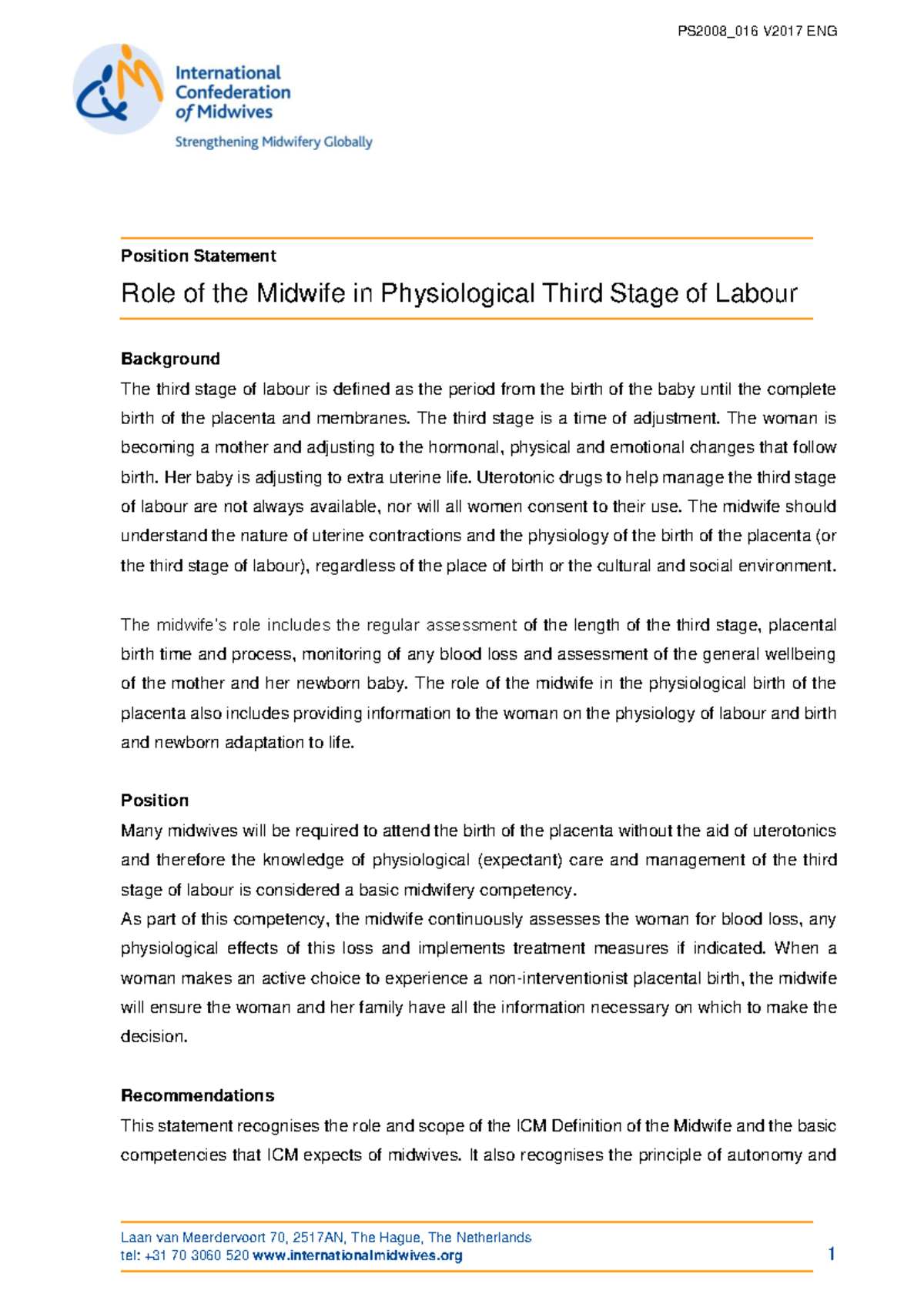 Role of the midwife in physiological 3rd stage - PS2008_016 V2017 ENG 1 ...