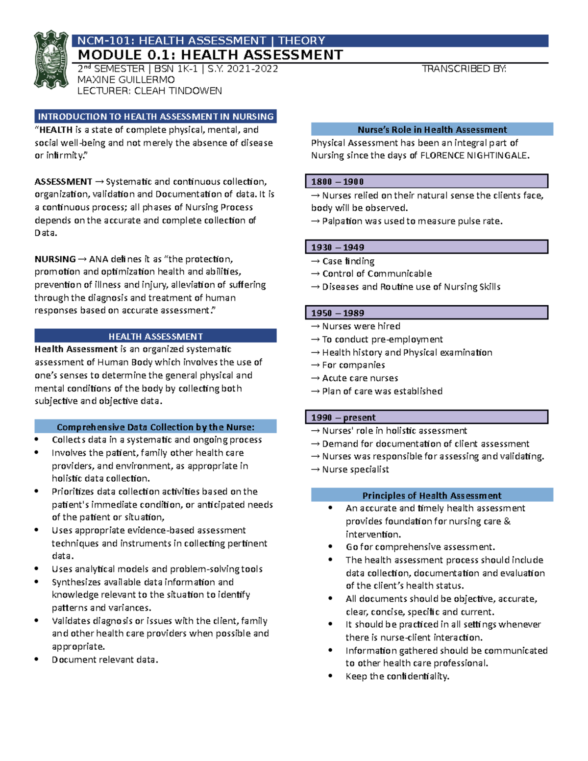 NCM101 - M0 Health Assessment & Steps in Assessment - NCM-101: HEALTH ...