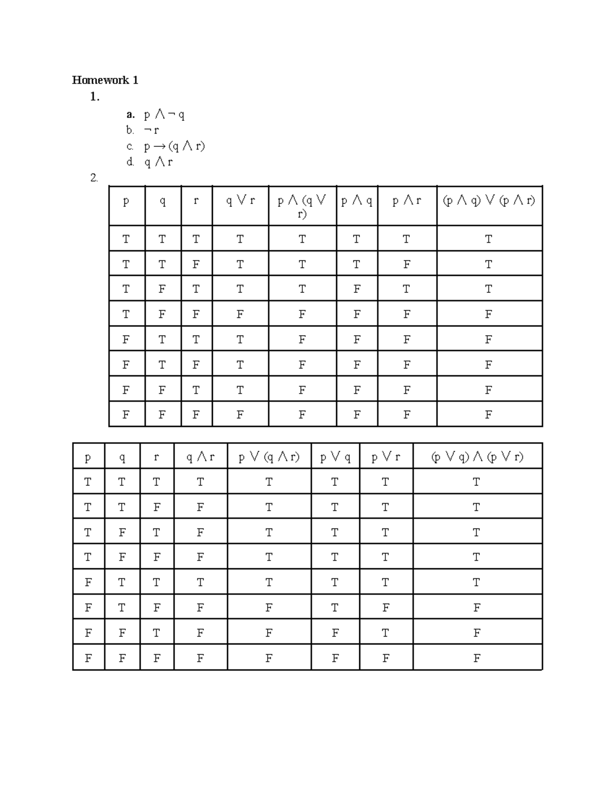 COT Homework 1 - Something - Homework 1 1. a. p ' ¬ q b. ¬ r c. p → (q ...