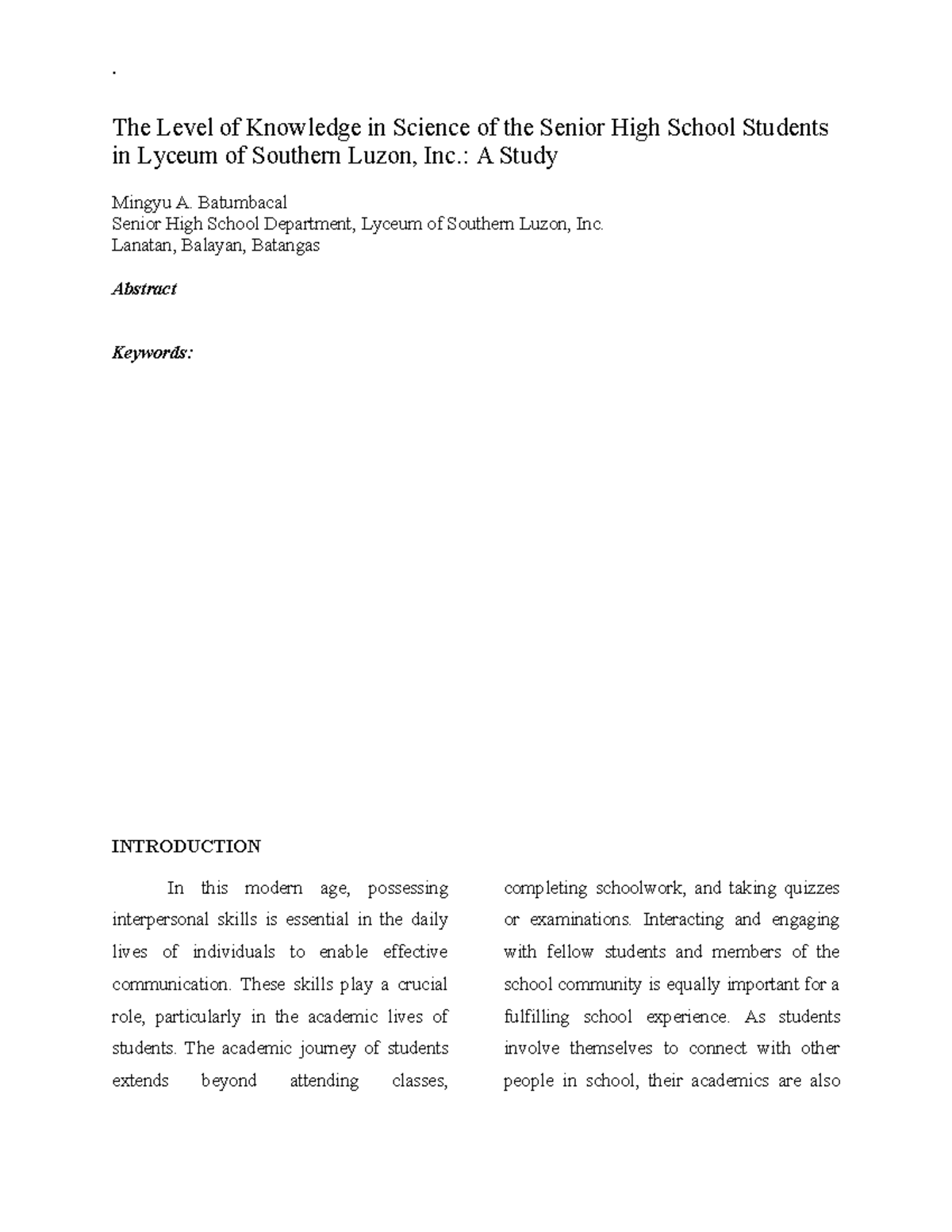 Research Paper Format 1 - The Level of Knowledge in Science of the ...